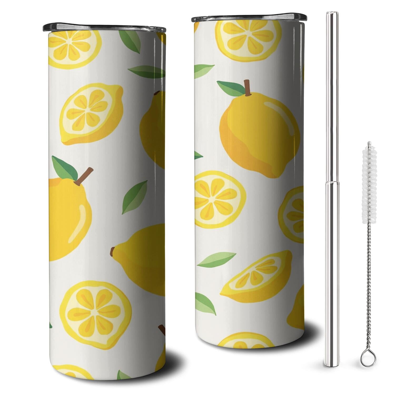 Lemon Travel Coffee Mug with Lid Straw Stainless Steel Cup 20oz Tumbler ...