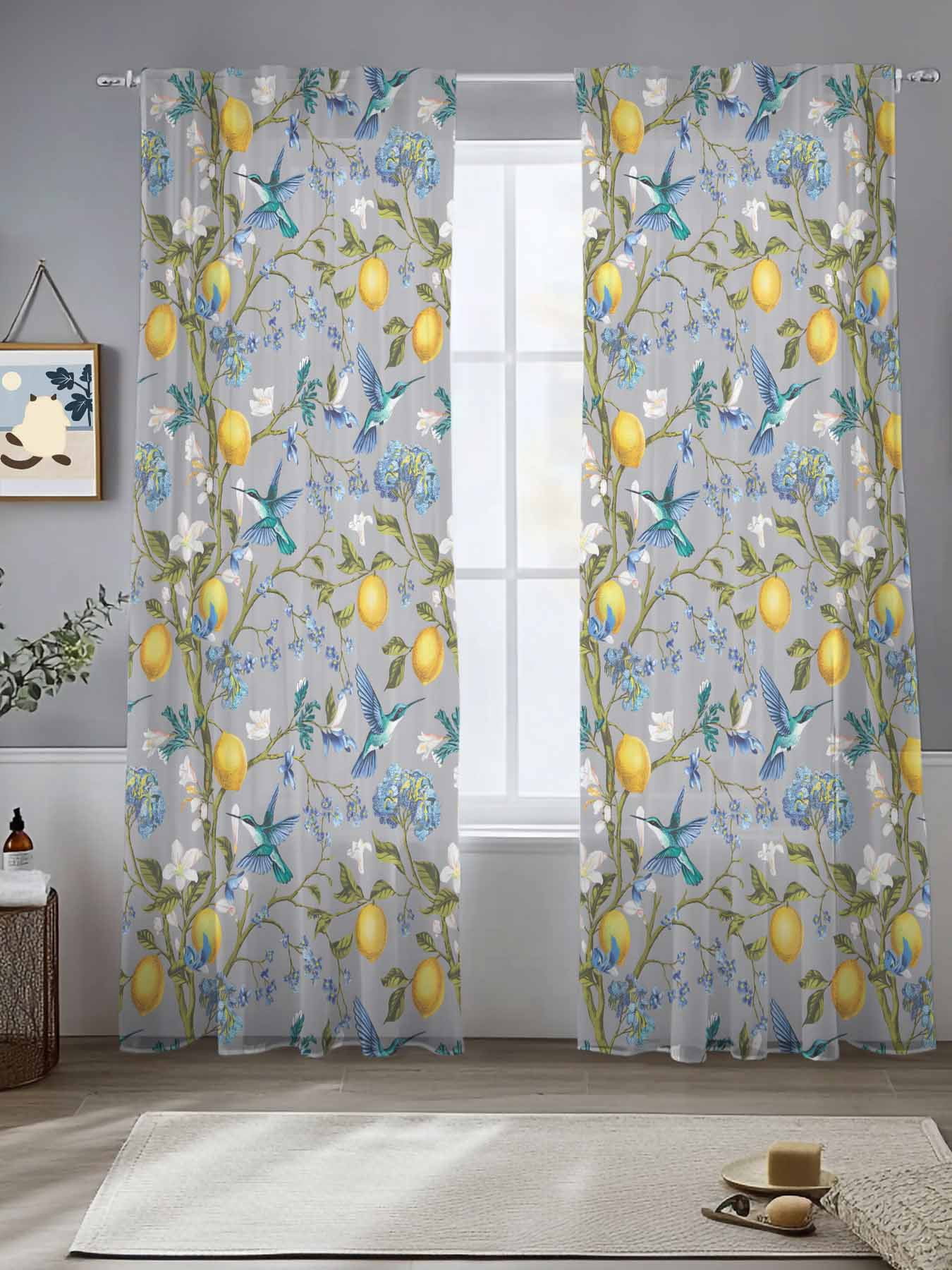 Lemon Tree Birds Sheer Curtains for Living Room Bedroom Green Botanical ...