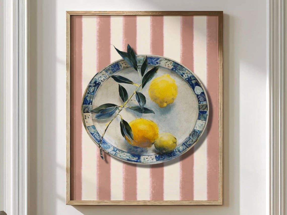 Lemon Wall with Pink Stripes Mediterranean Fruit Still Life French ...
