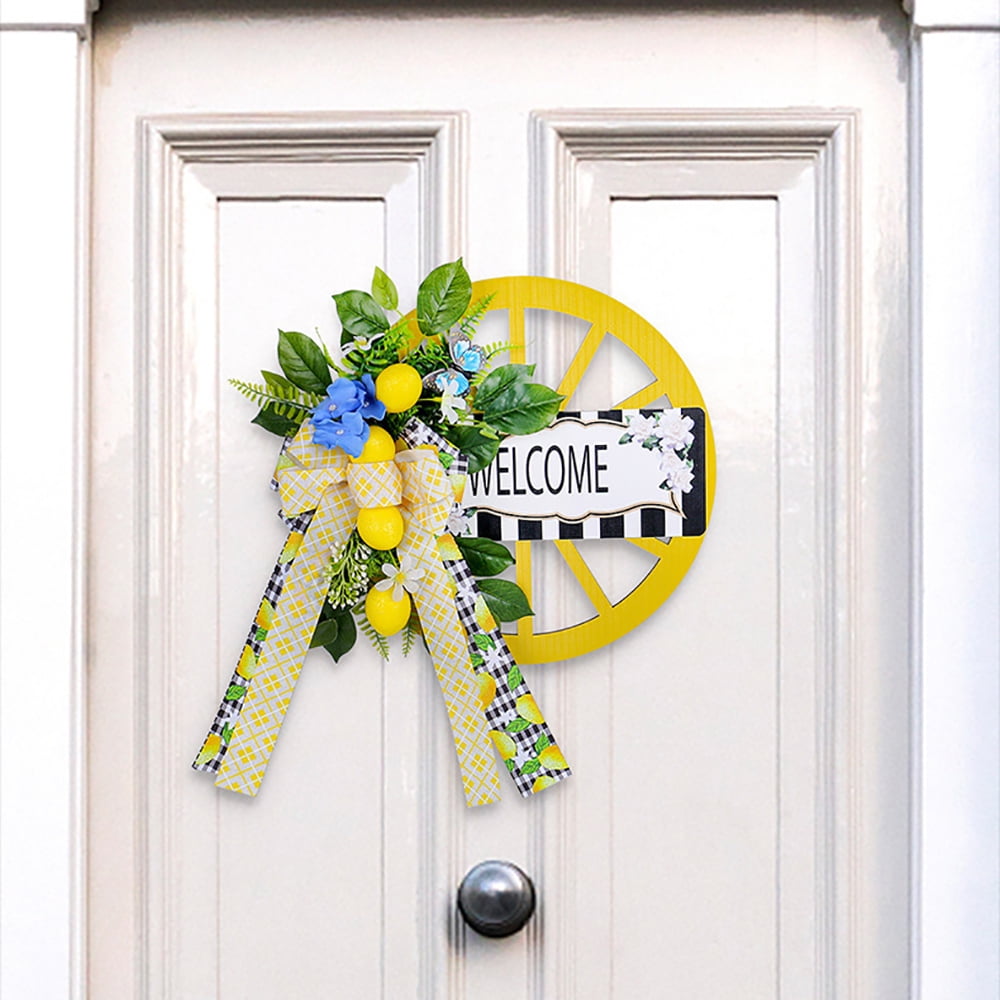 Lemon Welcome Sign Lemon Bow Wreath For Front Door Yellow Wooden Wheel ...