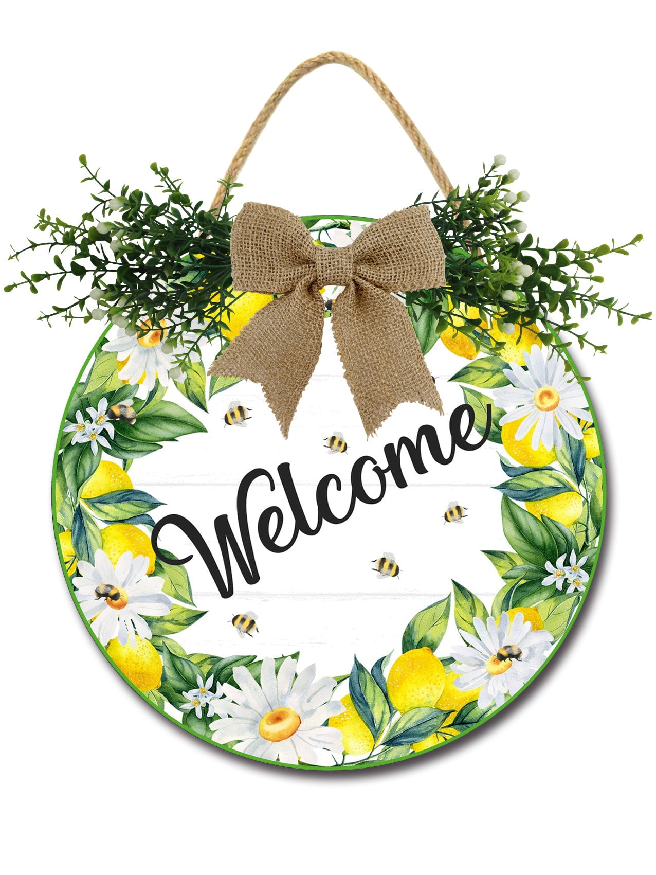 Lemon Welcome Wooden Front Door Sign Rustic Round Wreath Wall Hanger ...