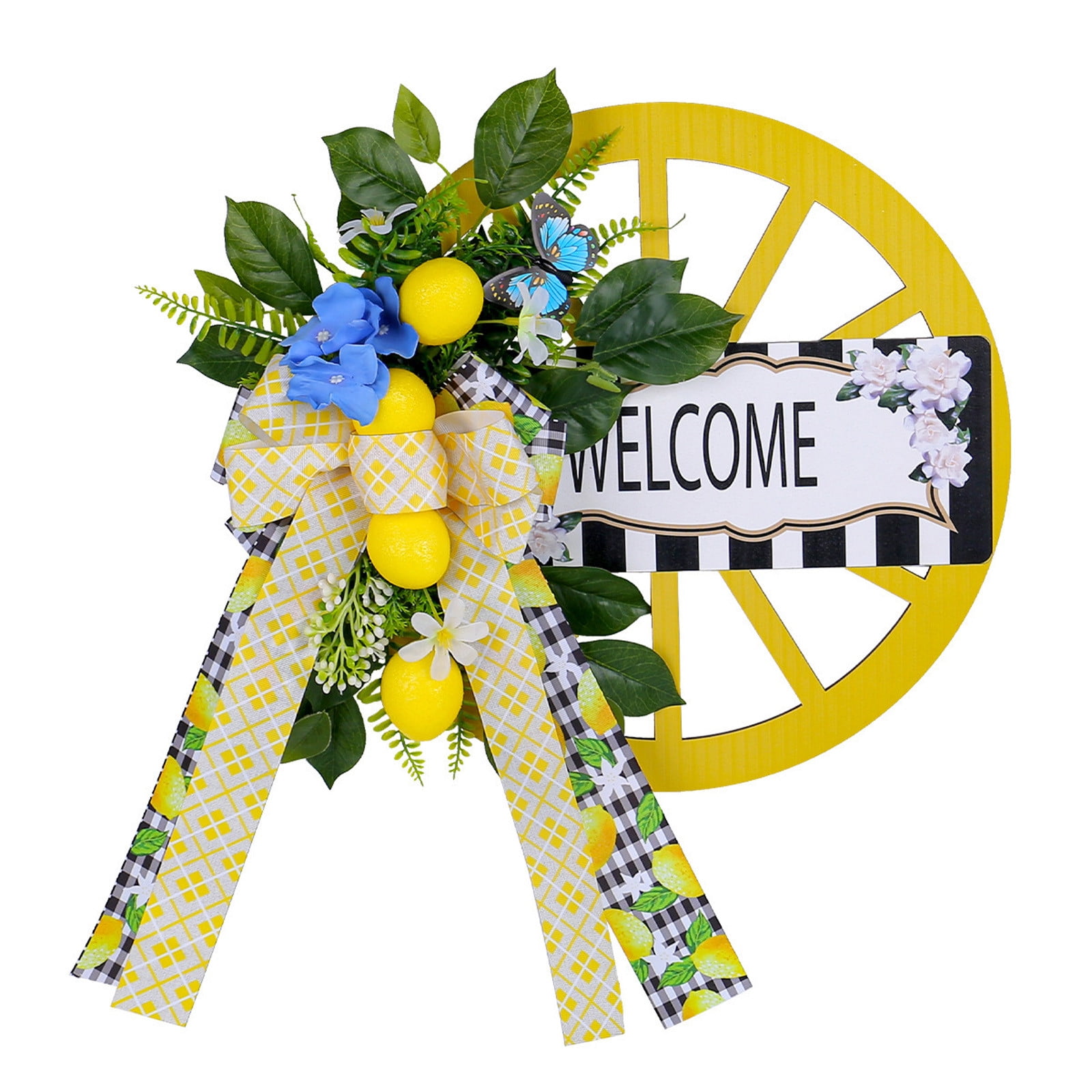 Lemon Wheel Wreath Wooden Wheel Simulation Flower Bow Welcome Flower ...