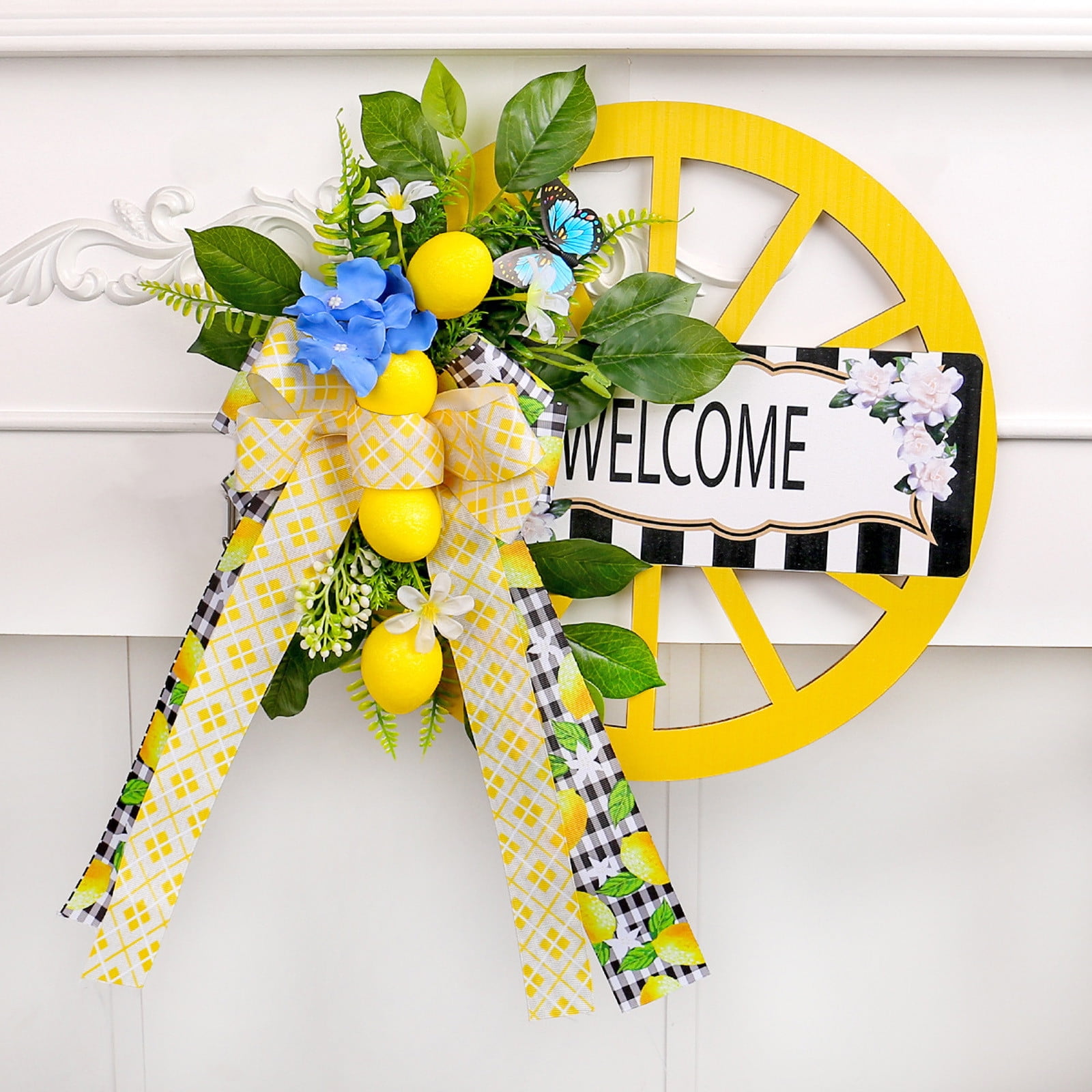 Lemon Wheel Wreath Wooden Wheel Simulation Flower Bow Welcome Flower ...