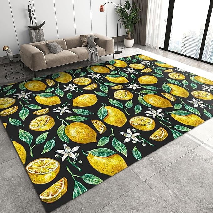 Lemon White Flower Area Rug, Simple Fruit Black Indoor Rug, With Non ...