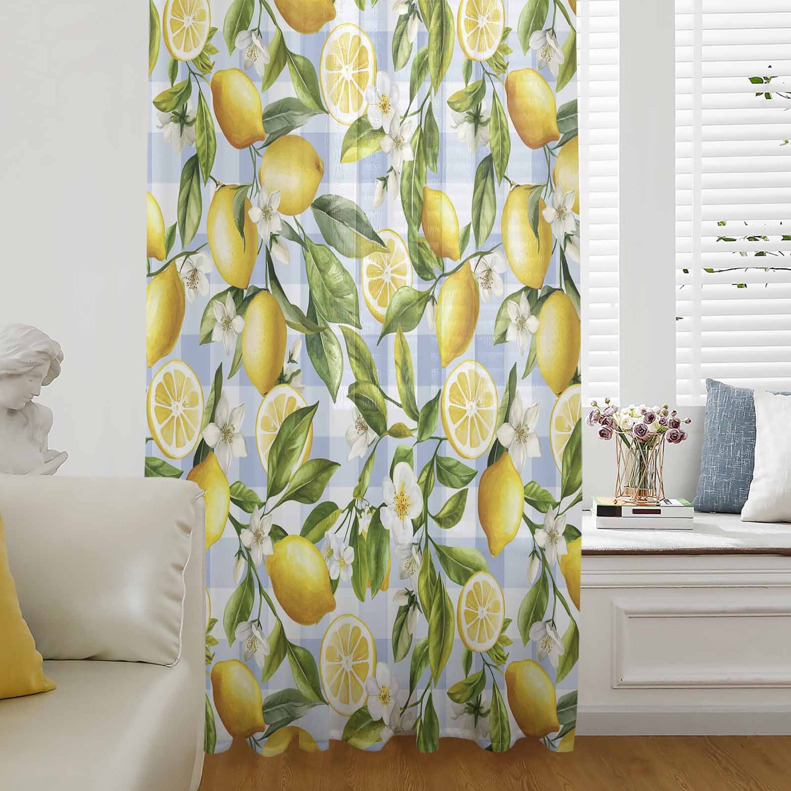 Lemon Window Curtain 72 Inches Long,Country Yellow Fruit Blue Plaid ...