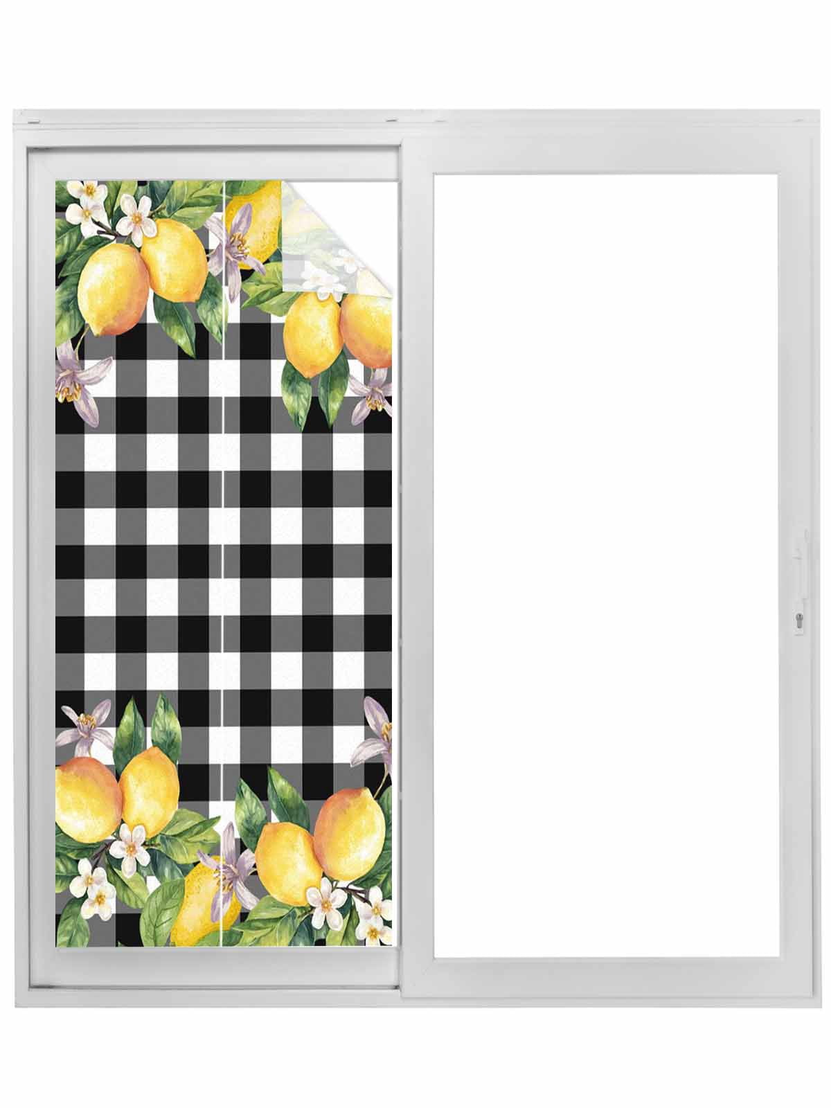 Lemon Window Privacy Film, Black Plaid Check Yellow Fruit Flower Floral ...