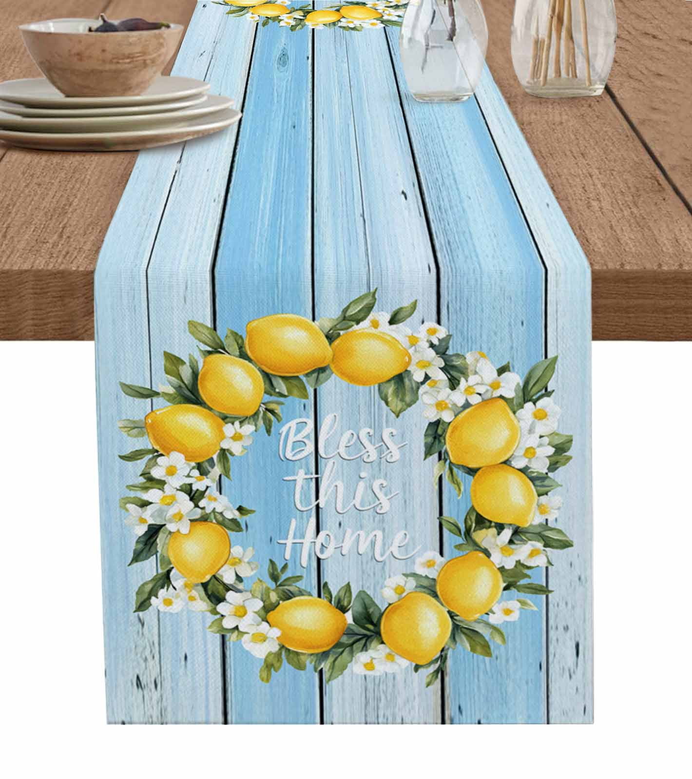 Lemon Wreath Table Runner 90 Inches, Farmhouse Blue Wooden Floral Bed ...