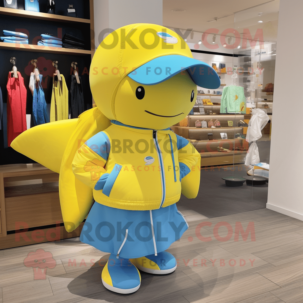 Lemon Yellow Blue Whale REDBROKOLY mascot costume character dressed ...