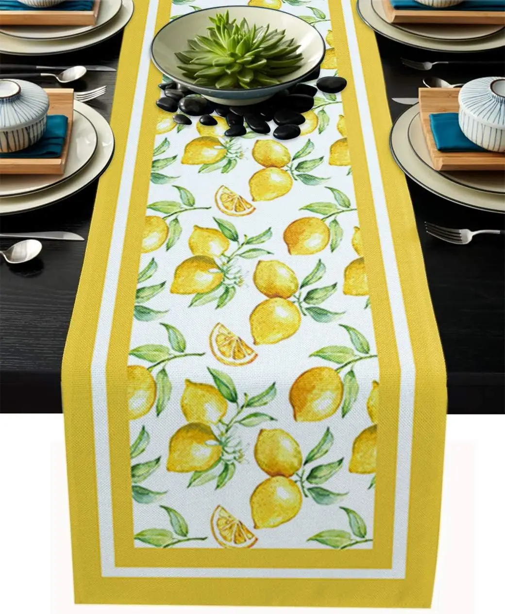 Lemon Yellow Buffalo Check Linen Table Runners Summer Watercolor Fruit ...