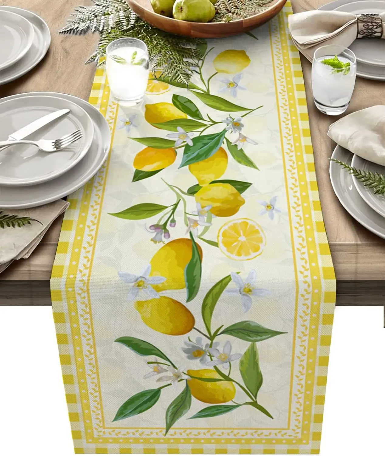 Lemon Yellow Buffalo Check Linen Table Runners Summer Watercolor Fruit ...