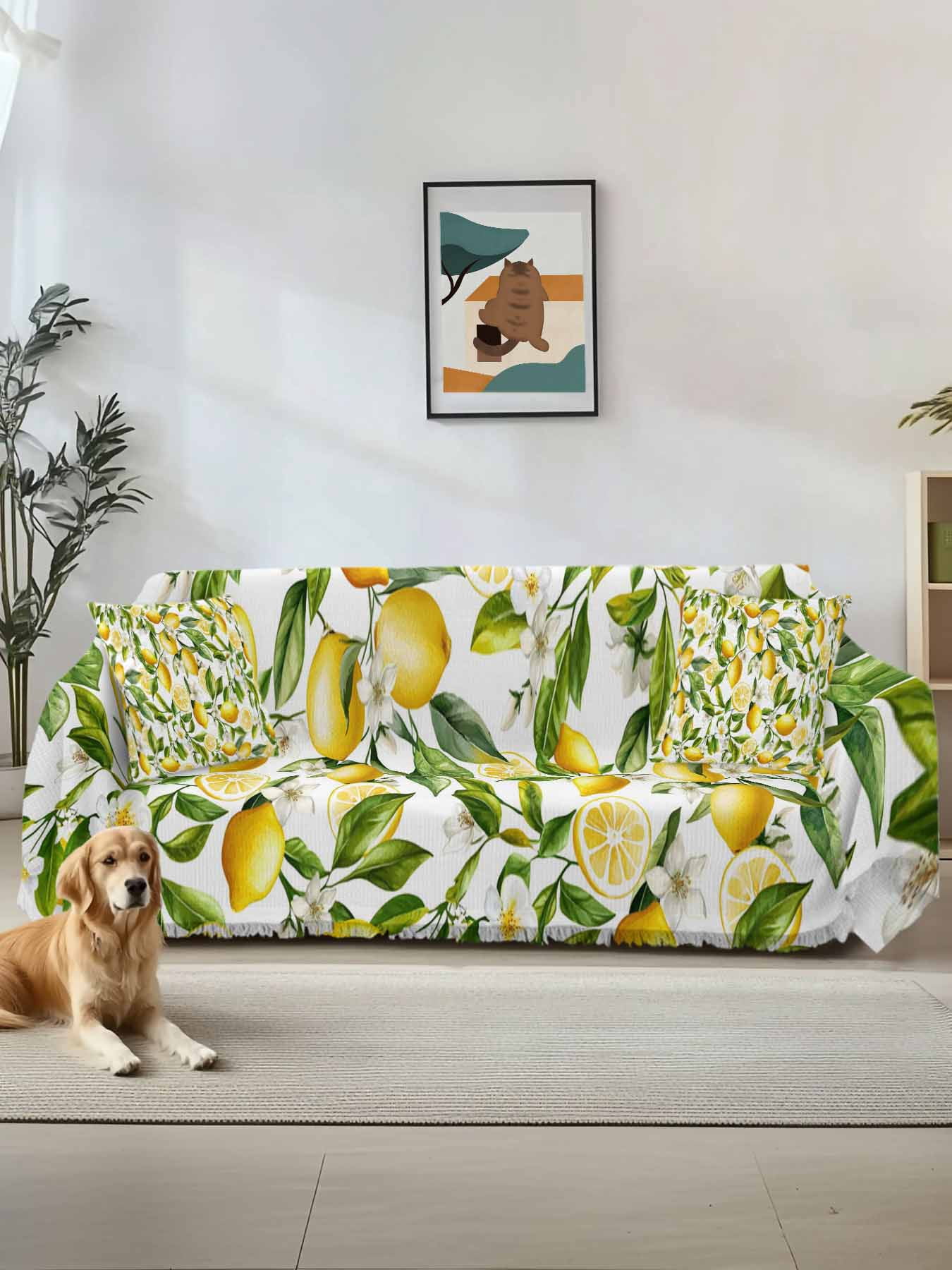 Lemon Yellow Couch Cover for 2 Cushion Sofa, Country Watercolor Floral ...