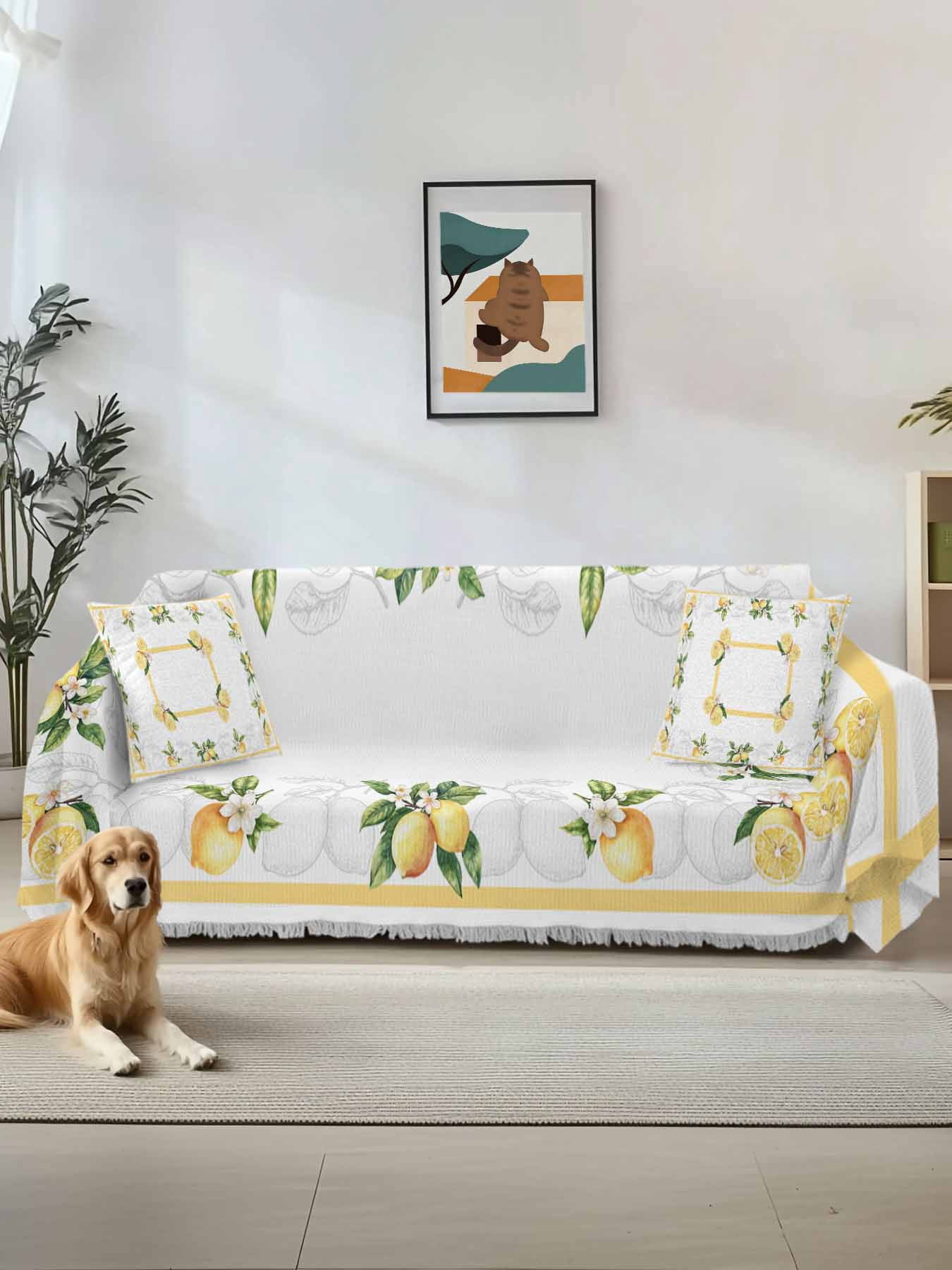Lemon Yellow Couch Cover, Modern Country Flower Floral Summer Spring ...