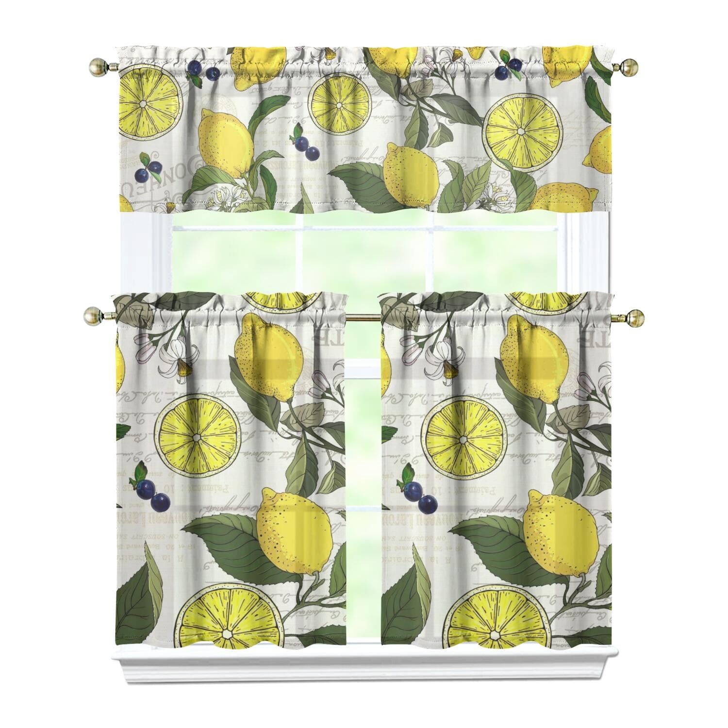 Lemon Yellow Kitchen Curtains 3-Piece Set - Bright Retro Floral Print ...