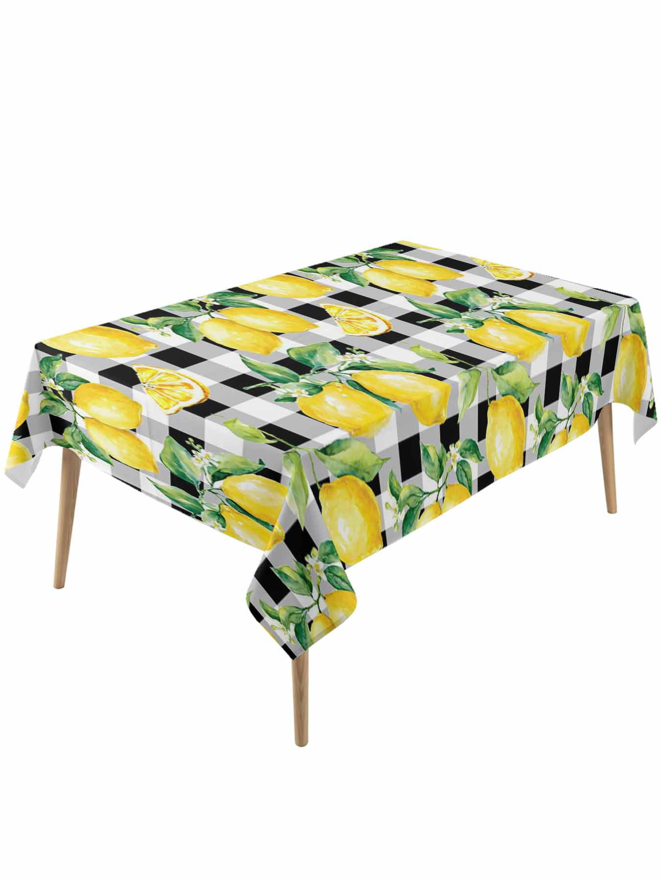 Lemon Yellow Table Cloth, Watercolor Fruit Black White Buffalo Plaid ...