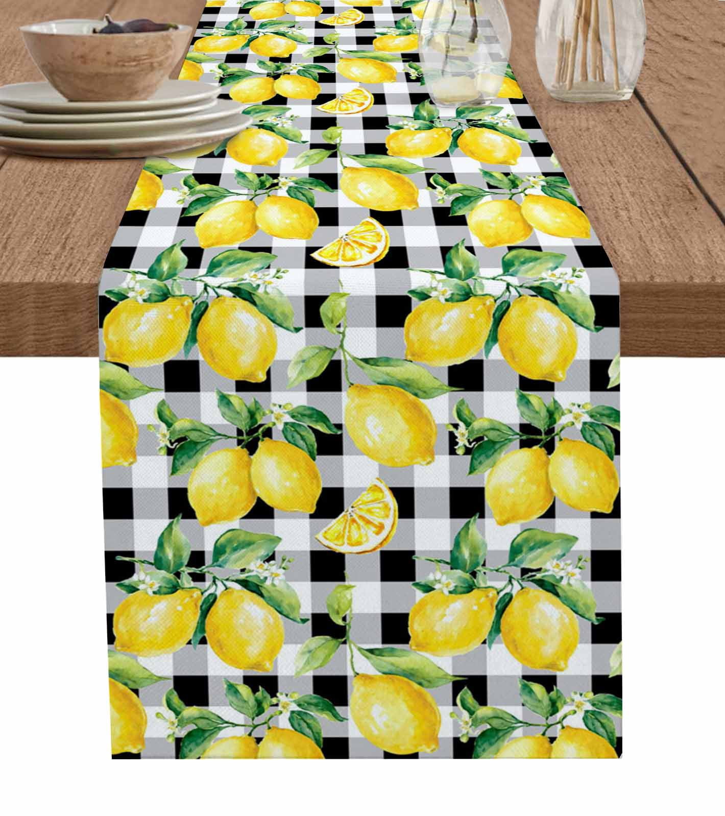 Lemon Yellow Table Runner 36 Inches, Watercolor Fruit Black White ...