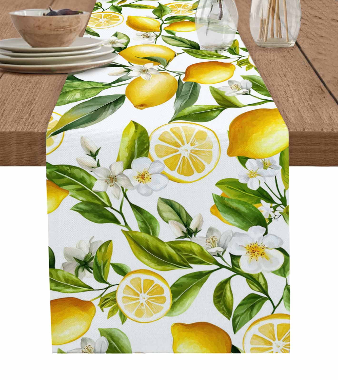 Lemon Yellow Table Runner 72 Inches, Country Watercolor Floral Leaf ...