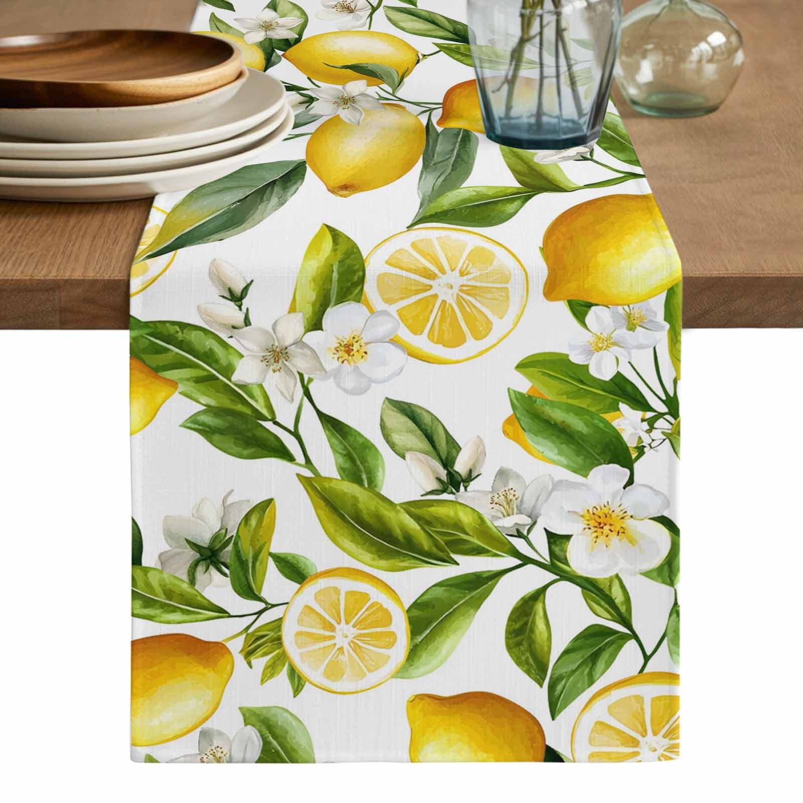 Lemon Yellow Table Runner, Country Watercolor Floral Leaf Green White ...