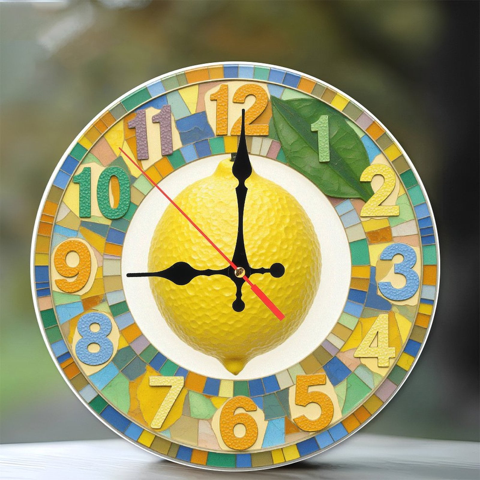Lemon Yellow Wall Clock Decorative Mosaic Design 10-Inch Silent Wooden ...