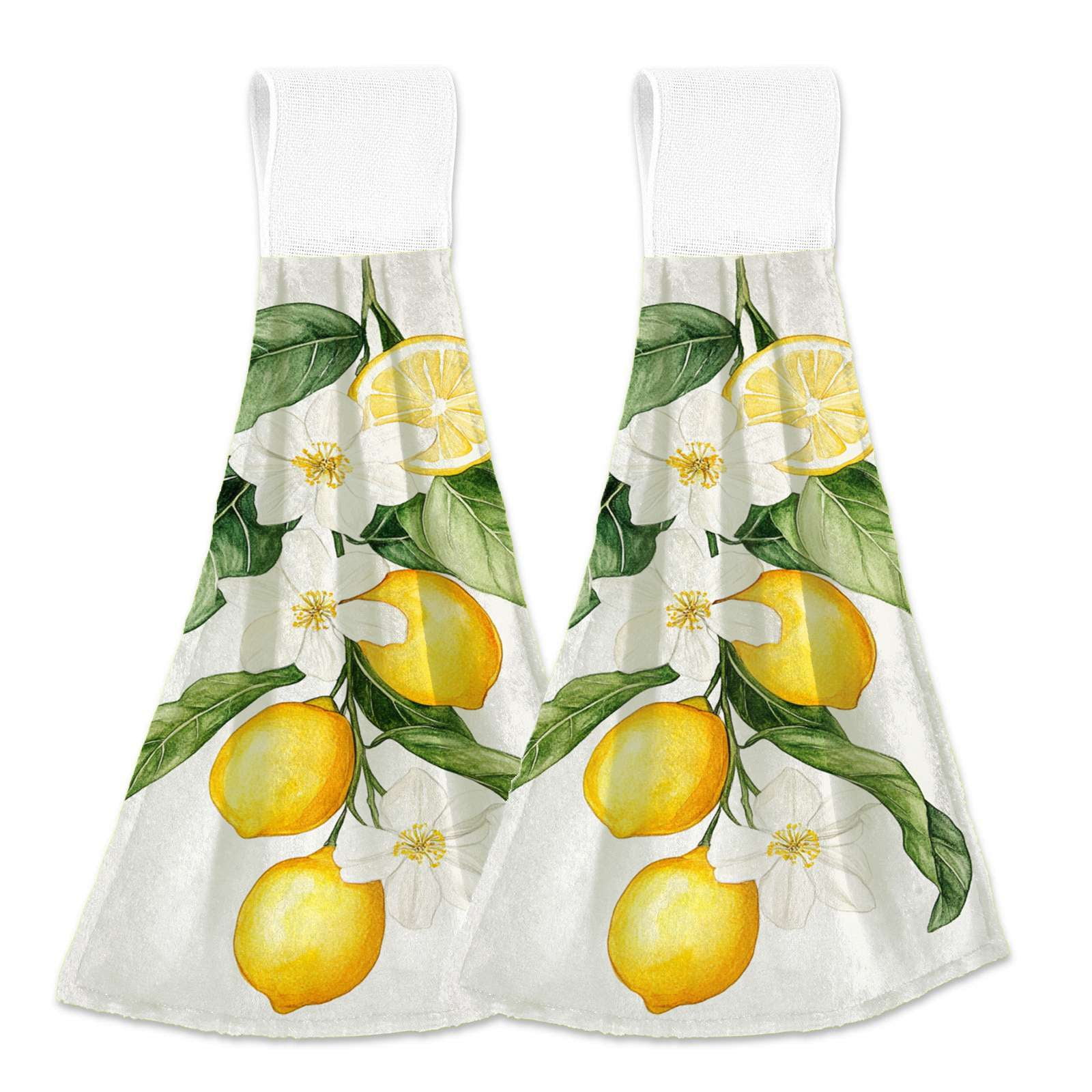 Lemon and Blossom Print Hanging Kitchen Hand Towels Sets with Loop Hand ...