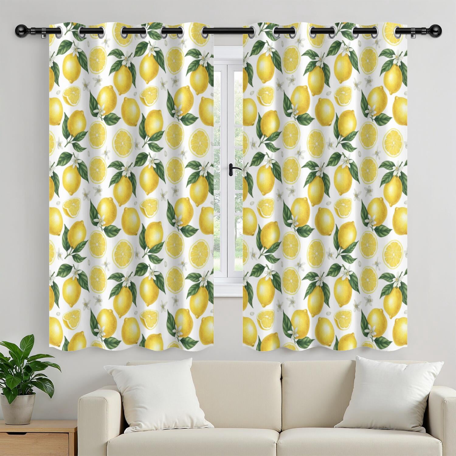 Lemon and Blossom White Pattern Blackout Curtains,Triple Weaved Fabric ...