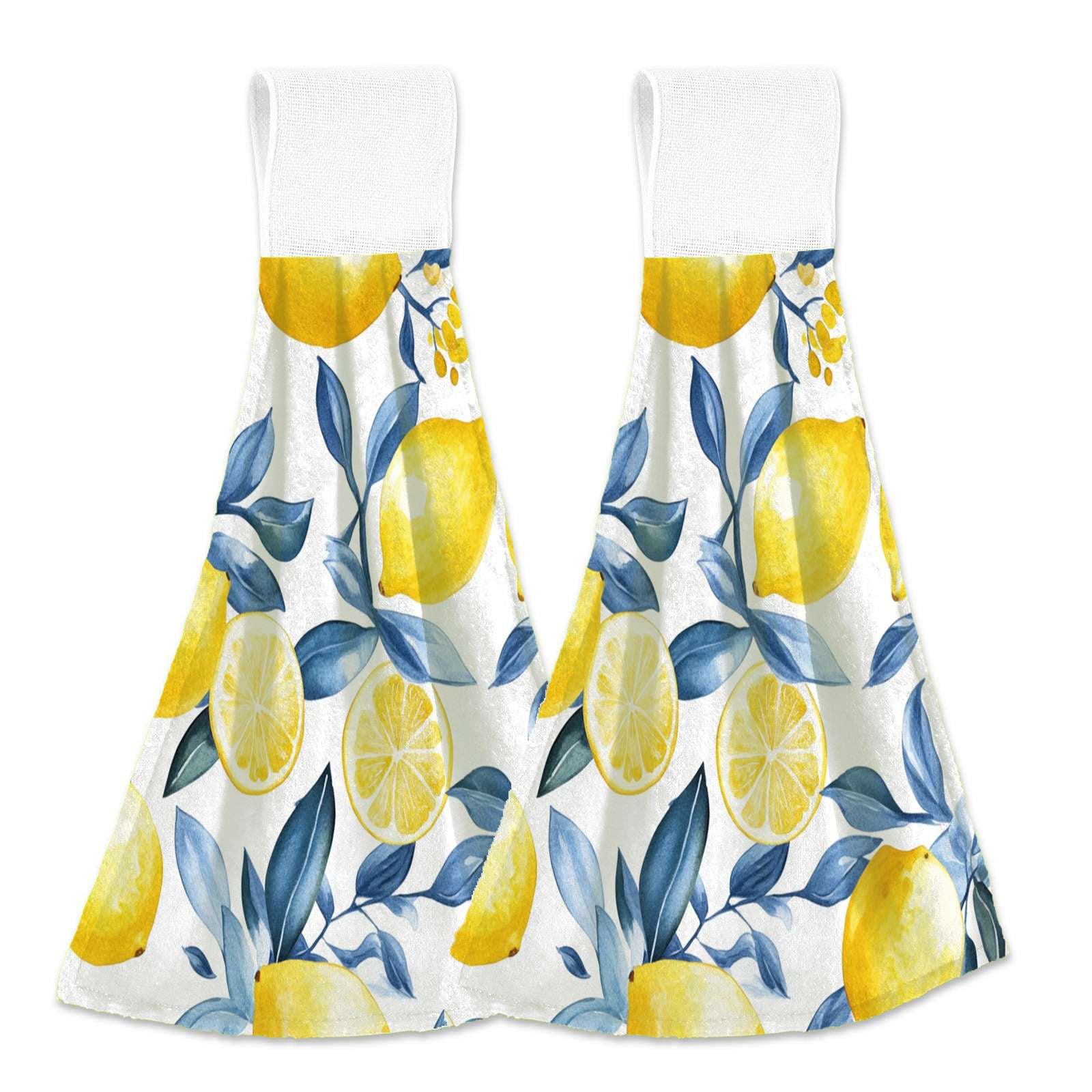 Lemon and Leaf Pattern Hanging Kitchen Hand Towels Sets with Loop Hand ...