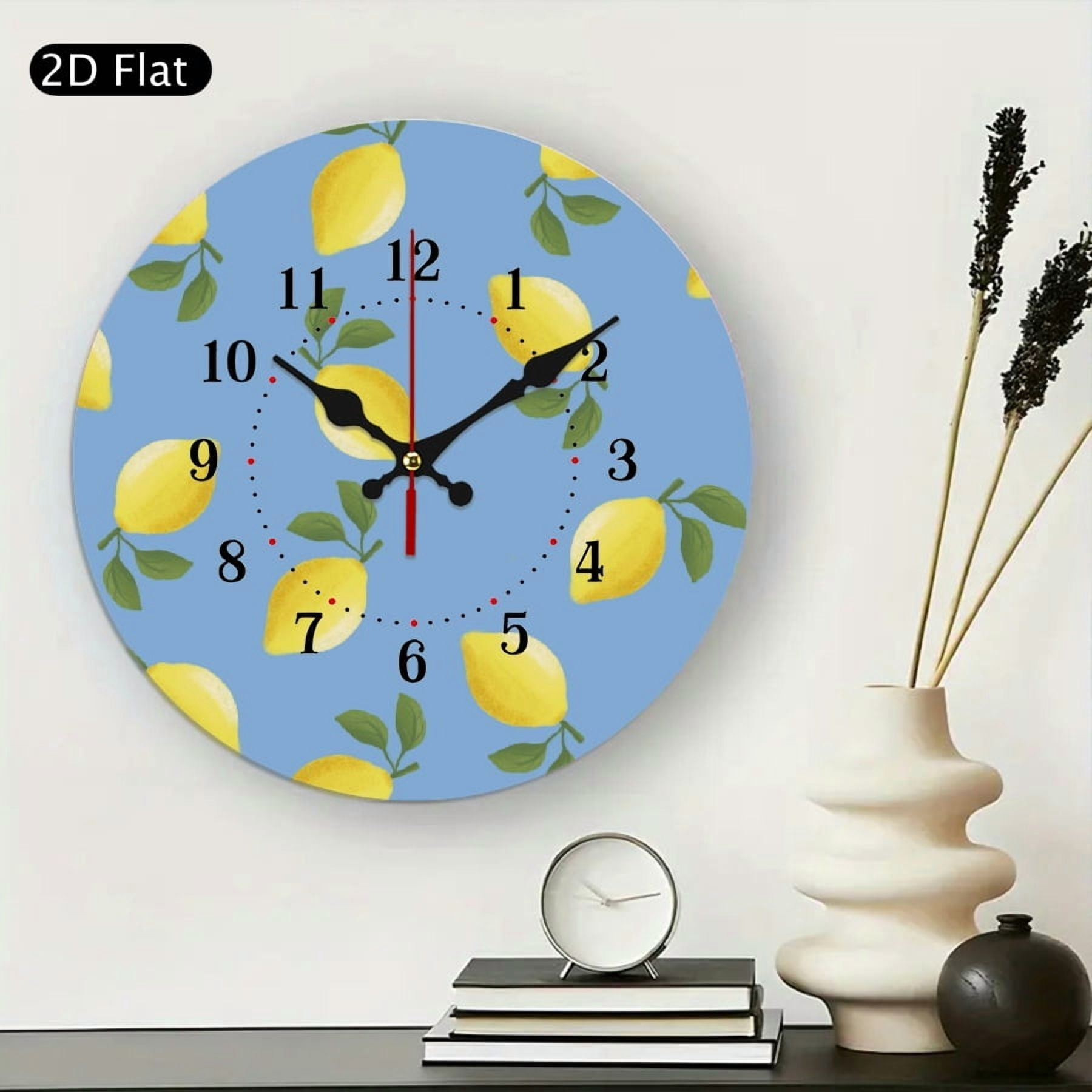 Lemon and Leaf Wall Clock Silent Non Ticking Wall Clocks Battery Operated Round Wall Decor for ...