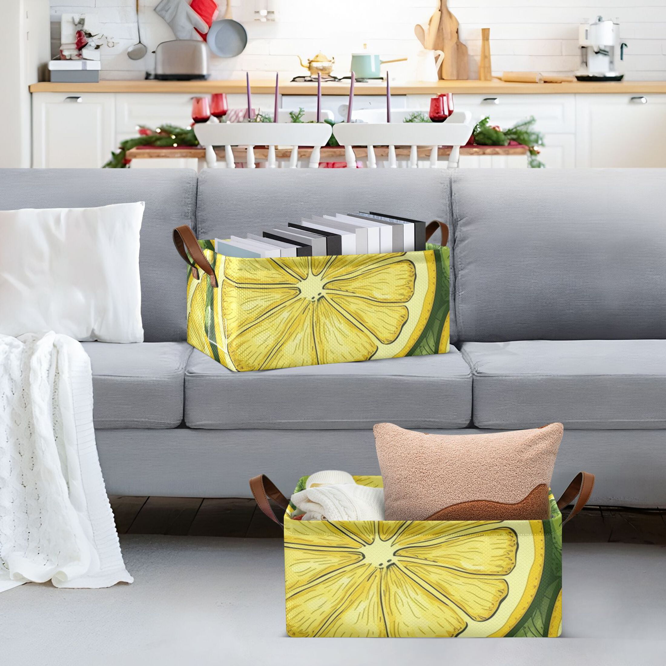 Lemon and Leaves Storage Bins with Handles Foldable Storage Baskets for ...