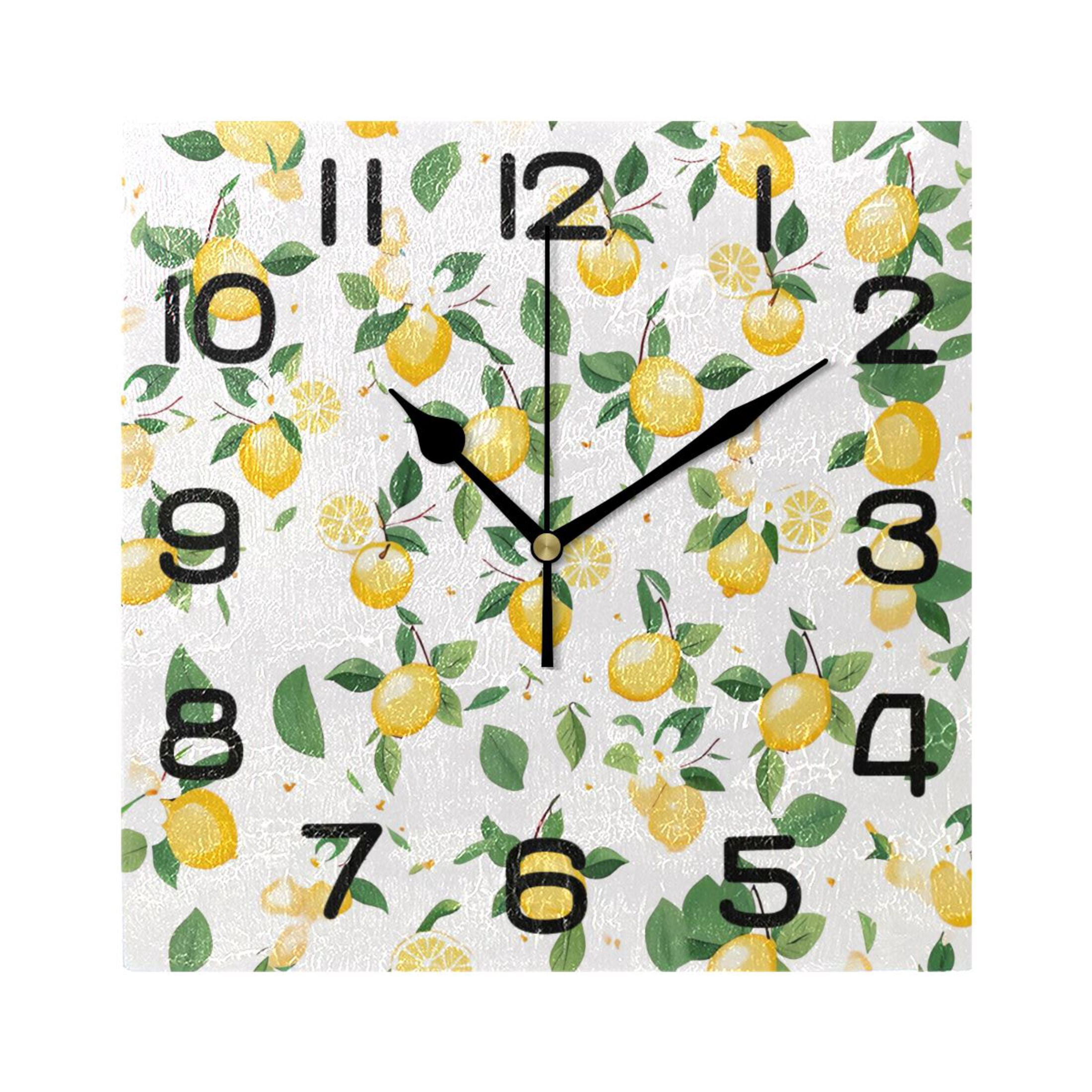 Lemon with Leaves Flowers Wall Clock Square Silent Non-Ticking Battery ...