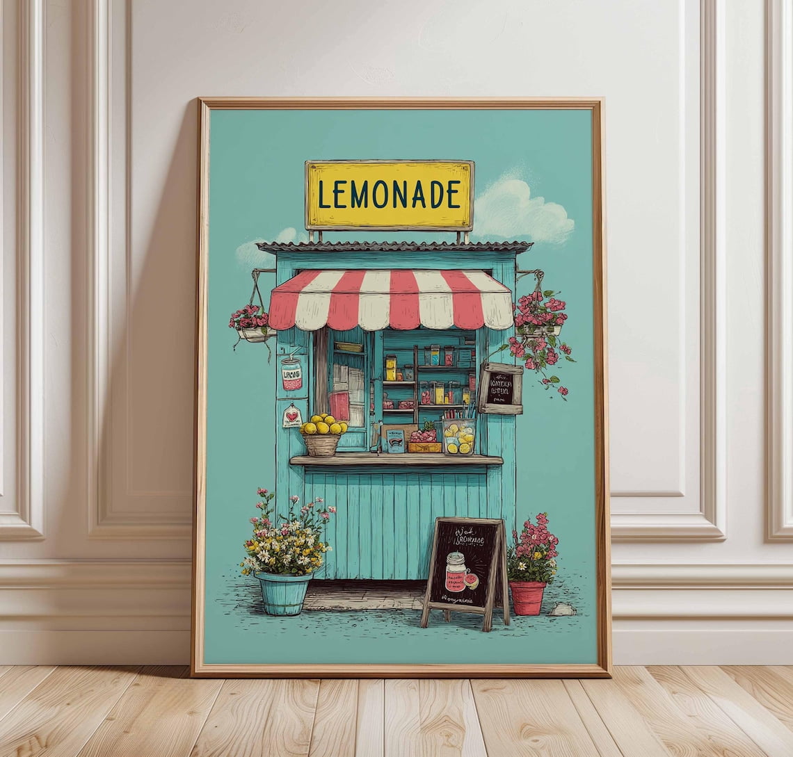 Lemonade Stand Vintage Summer Drink Shop Whimsical Blue Kiosk Art ...