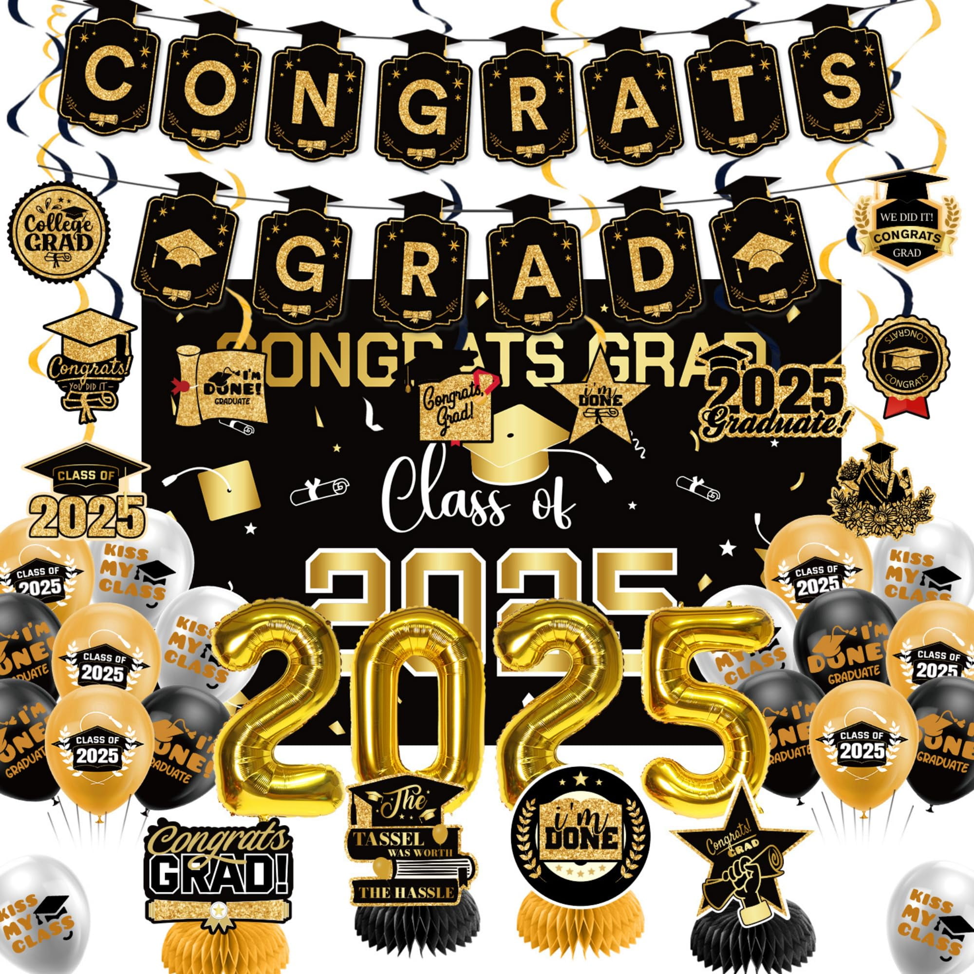 Lemoneon Class of 2025 SSF20 Graduation Decorations Black & Gold Party ...