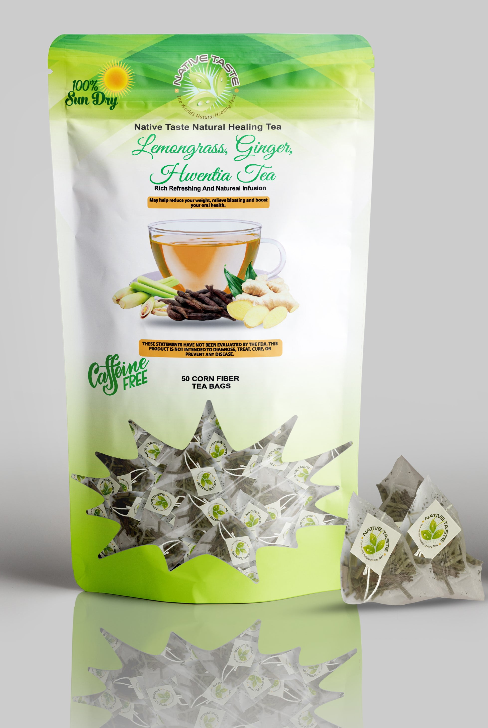 Lemongrass Ginger Hwentia Tea - 50 Pyramid Corn Fiber Teabags- 100% Sun ...