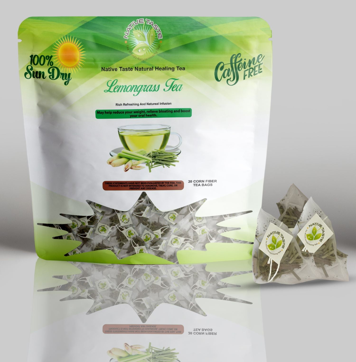 Lemongrass Tea - 20 Pyramid Corn Fiber Teabags- 100% Sun Dry Cut and ...
