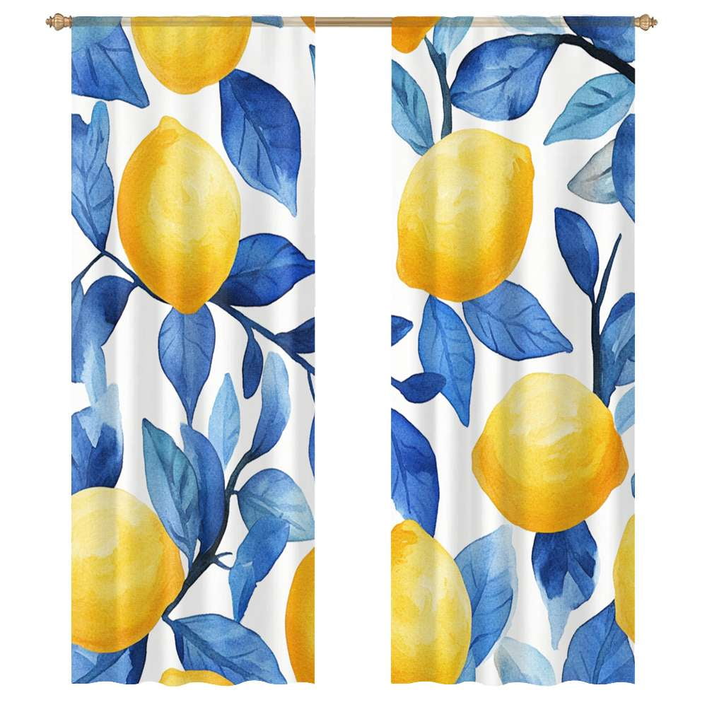 Lemons And Blue Leaves Pattern Modern Tulle Window Curtains for Living ...