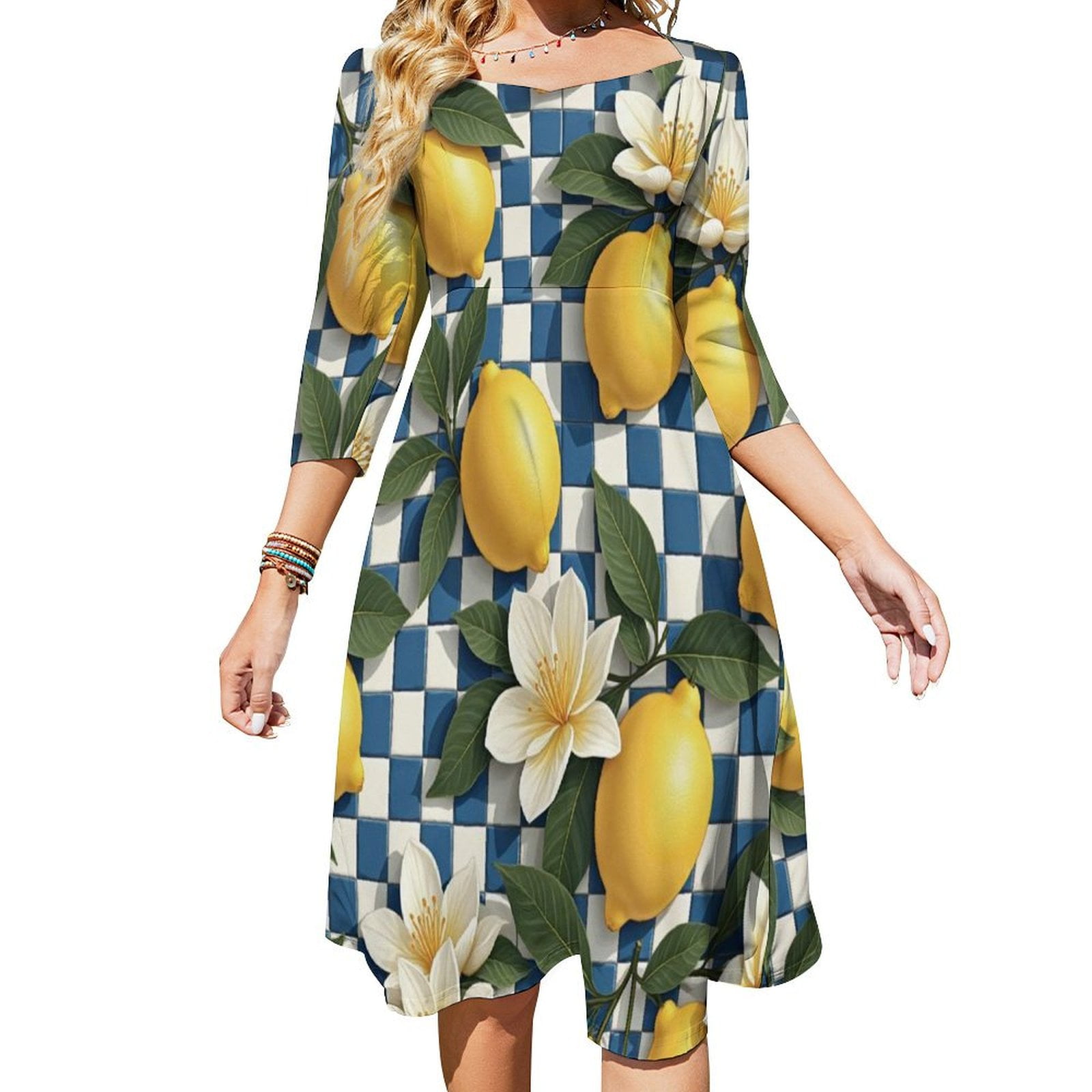 Lemons And Flowers on Blue Checkered Background Womens Summer Dress Tie ...