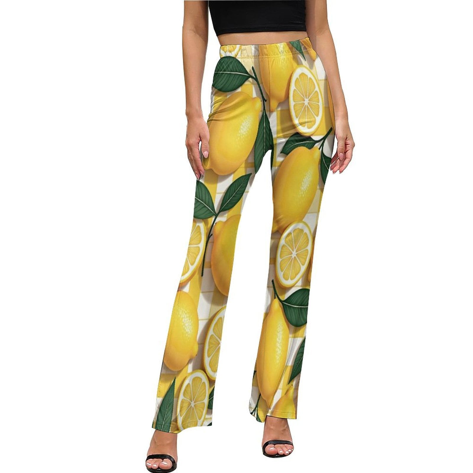 Lemons And Leaves Pattern High Waisted Casual Flared Trousers Summer ...