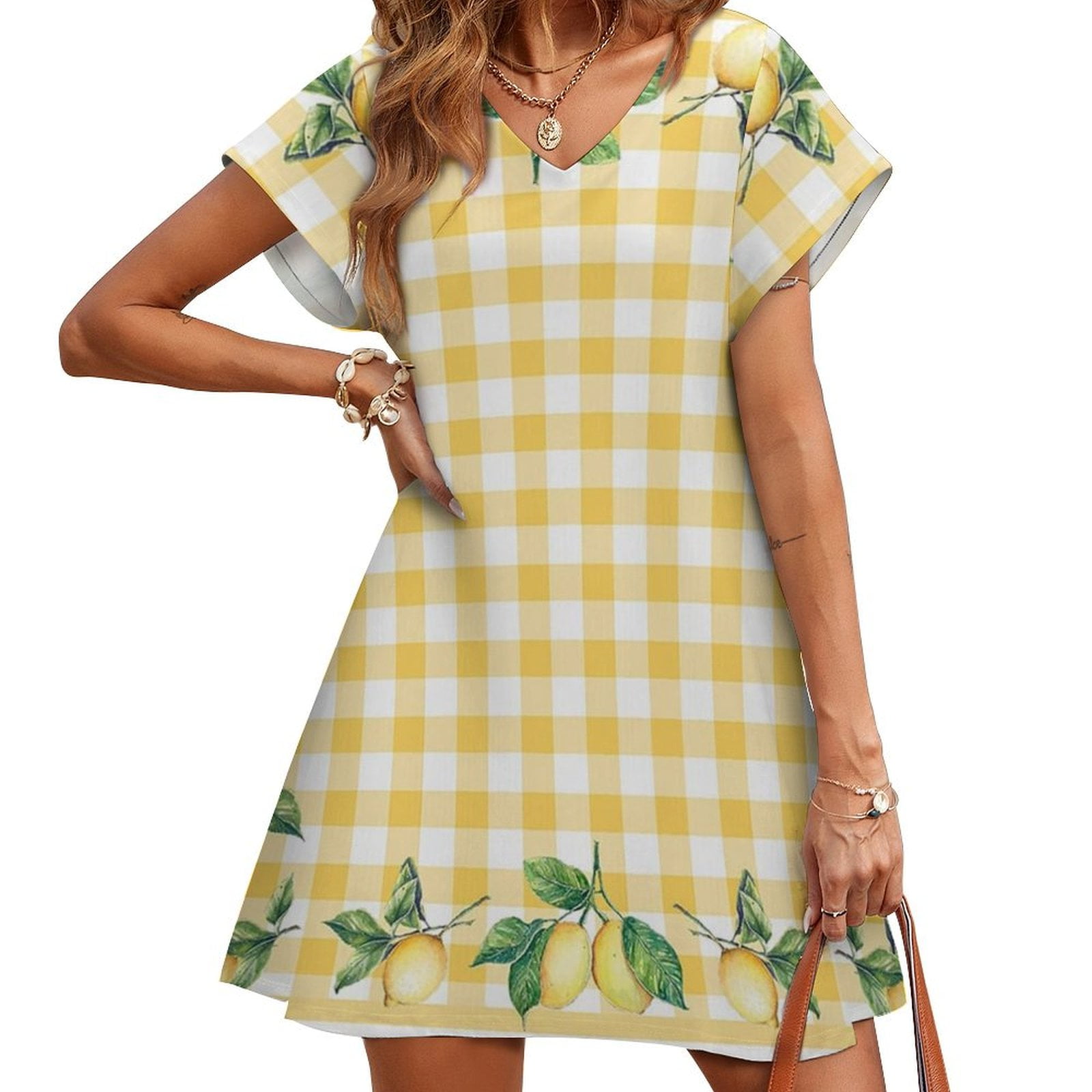 Lemons And Leaves on A Yellow And White Background Ladies Summer Short ...