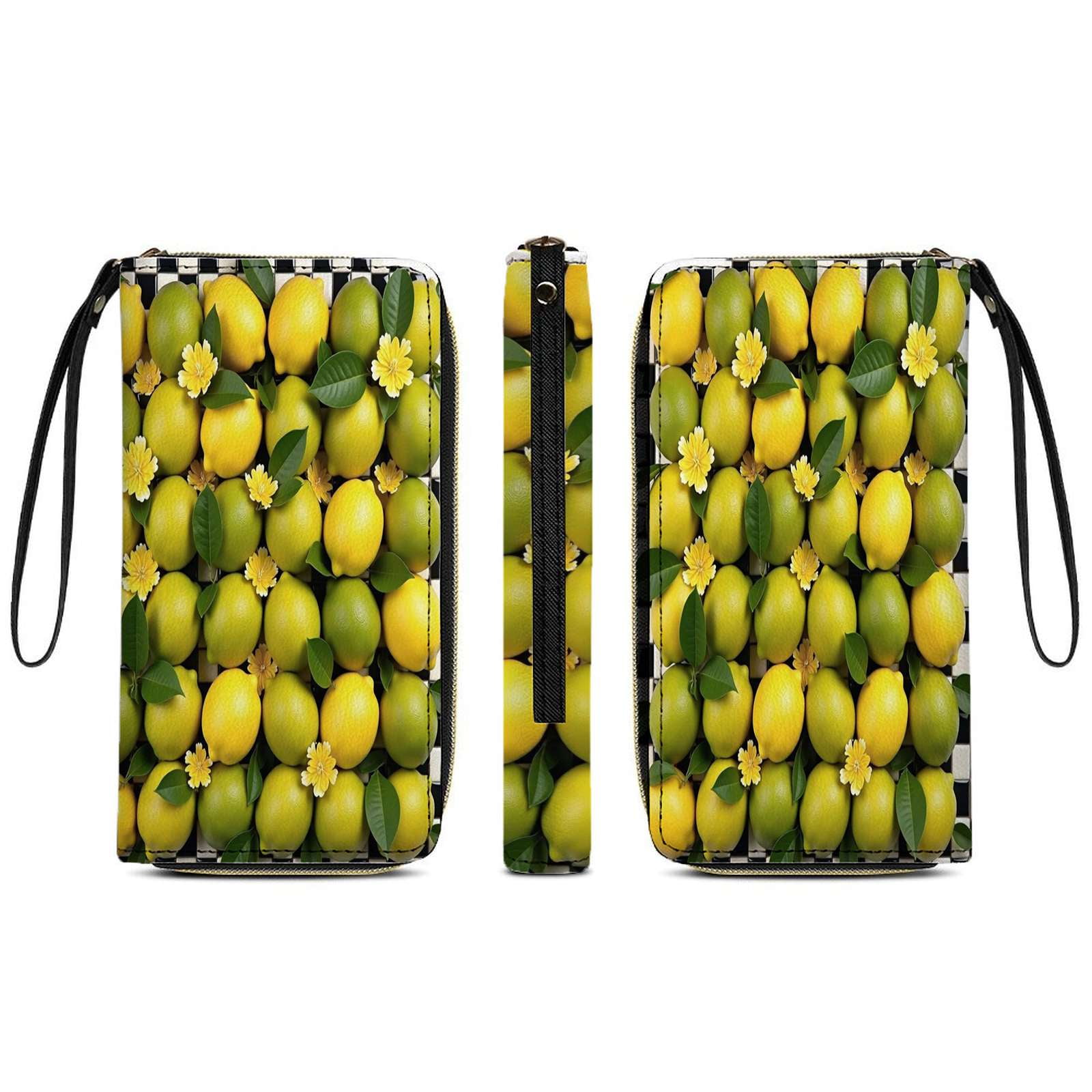 Lemons And Limes On Checkered Background Long Wallets For Women PU Leather Purse Card Holder ...