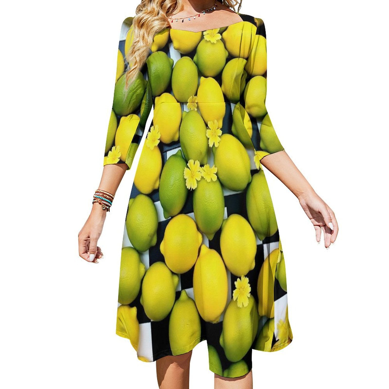 Lemons And Limes Pattern Womens Summer Dress Tie Back A Line Flare ...