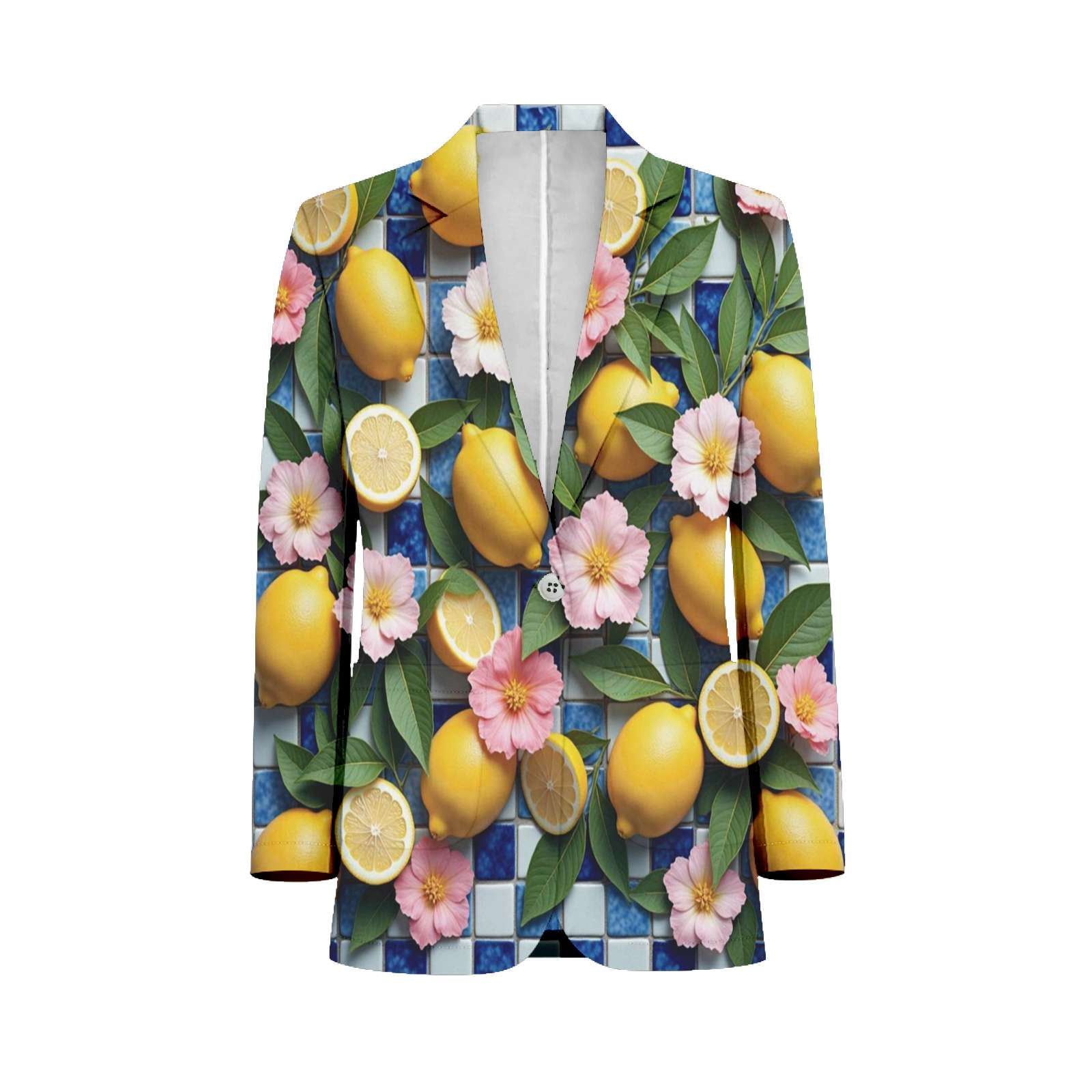 Lemons And Pink Flowers Pattern Mens Suits Shawl Collar Slim Fit Suit ...