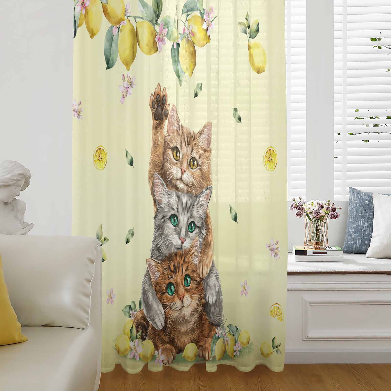 Lemons Cats Semi Sheer Curtains Drapes for Living Room, Bedroom, French ...
