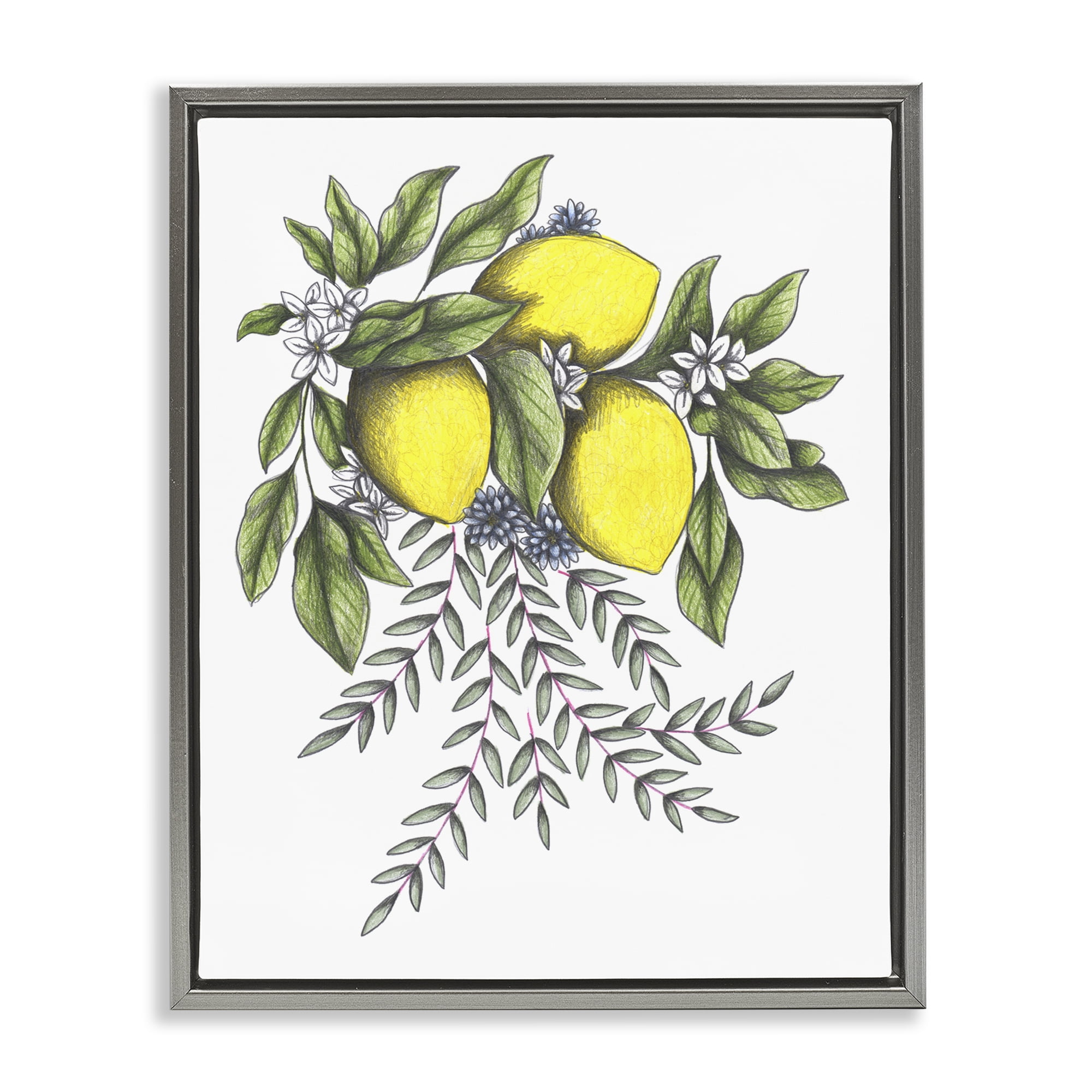 Lemons & Flowers Vintage Sketch Gray Framed Floater Canvas Wall Art ...