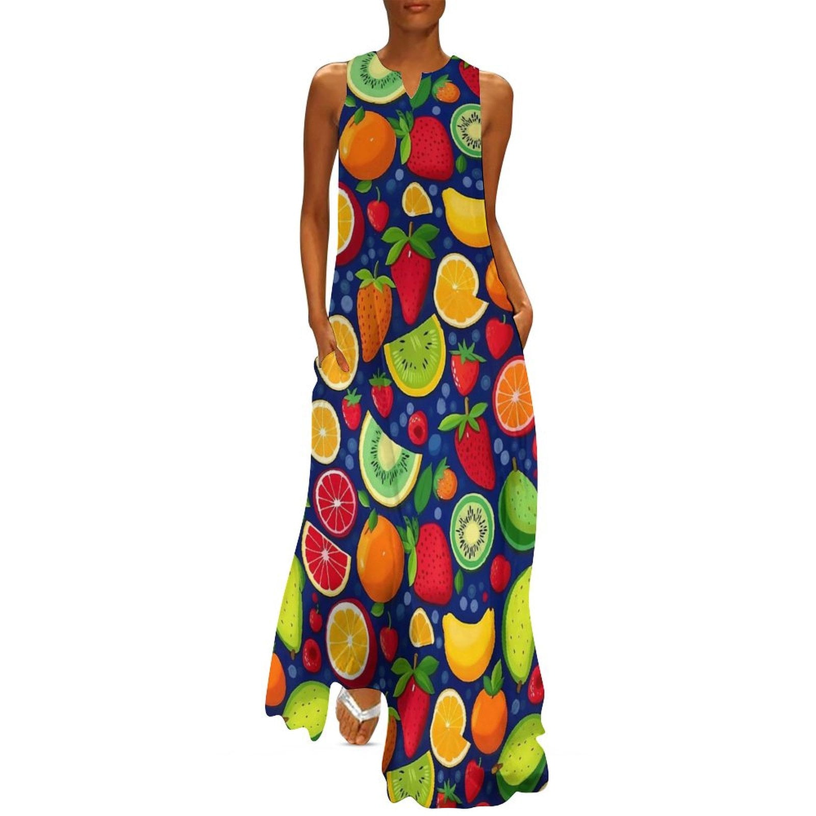 Lemons Fruit Print Dress Blue Leaves Vintage Maxi Dress Sleeveless ...
