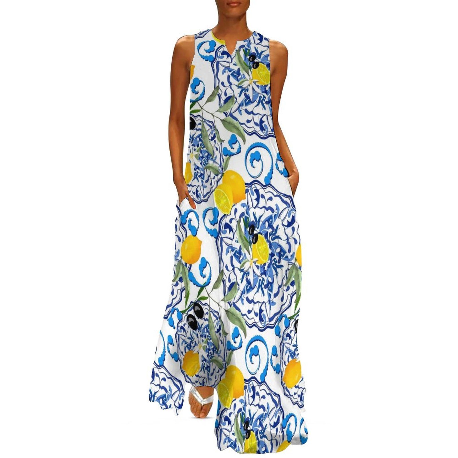 Lemons Fruit Print Dress Blue Leaves Vintage Maxi Dress Sleeveless ...
