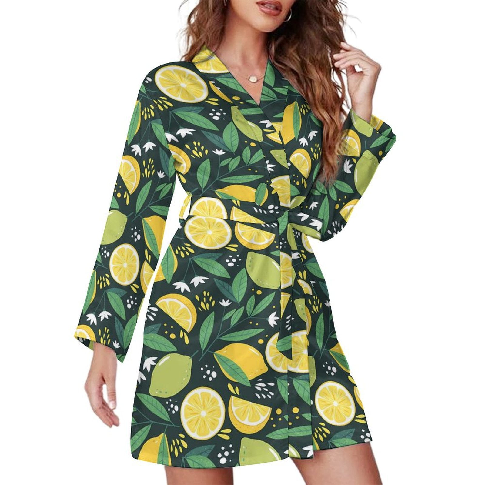 Lemons Fruit Print Pajama Robe Woman Blue Leaves Leisure Sleepwear Long ...