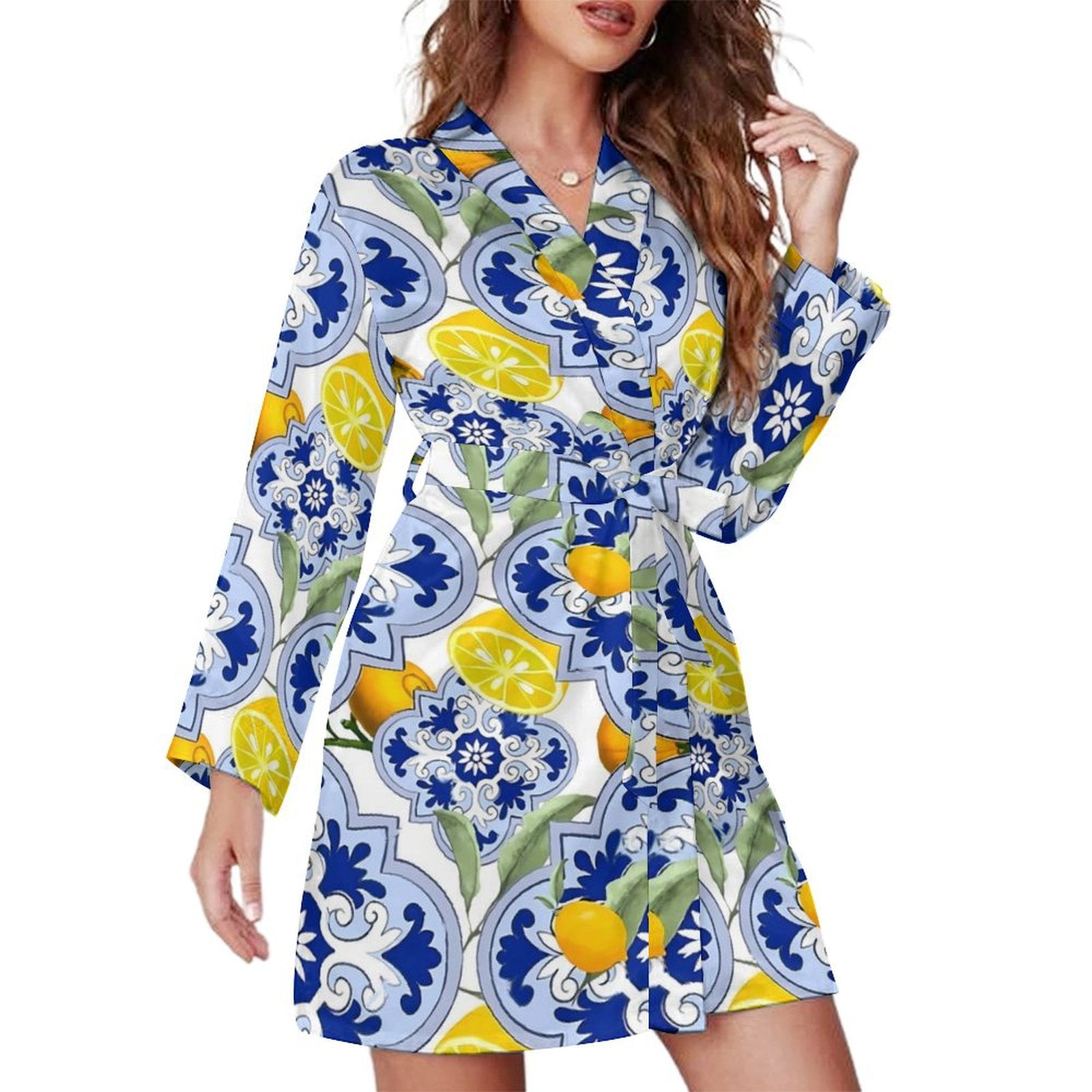 Lemons Fruit Print Pajama Robe Woman Blue Leaves Leisure Sleepwear Long ...
