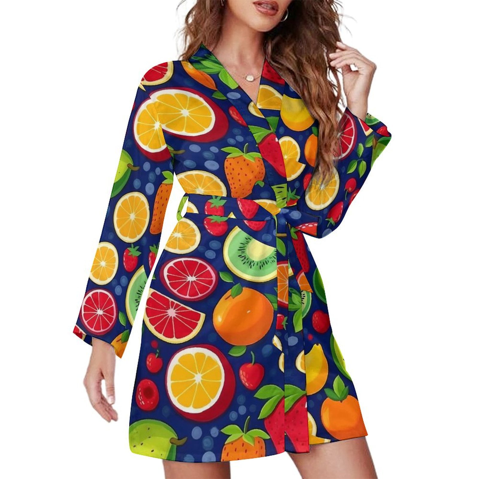 Lemons Fruit Print Pajama Robe Woman Blue Leaves Leisure Sleepwear Long ...