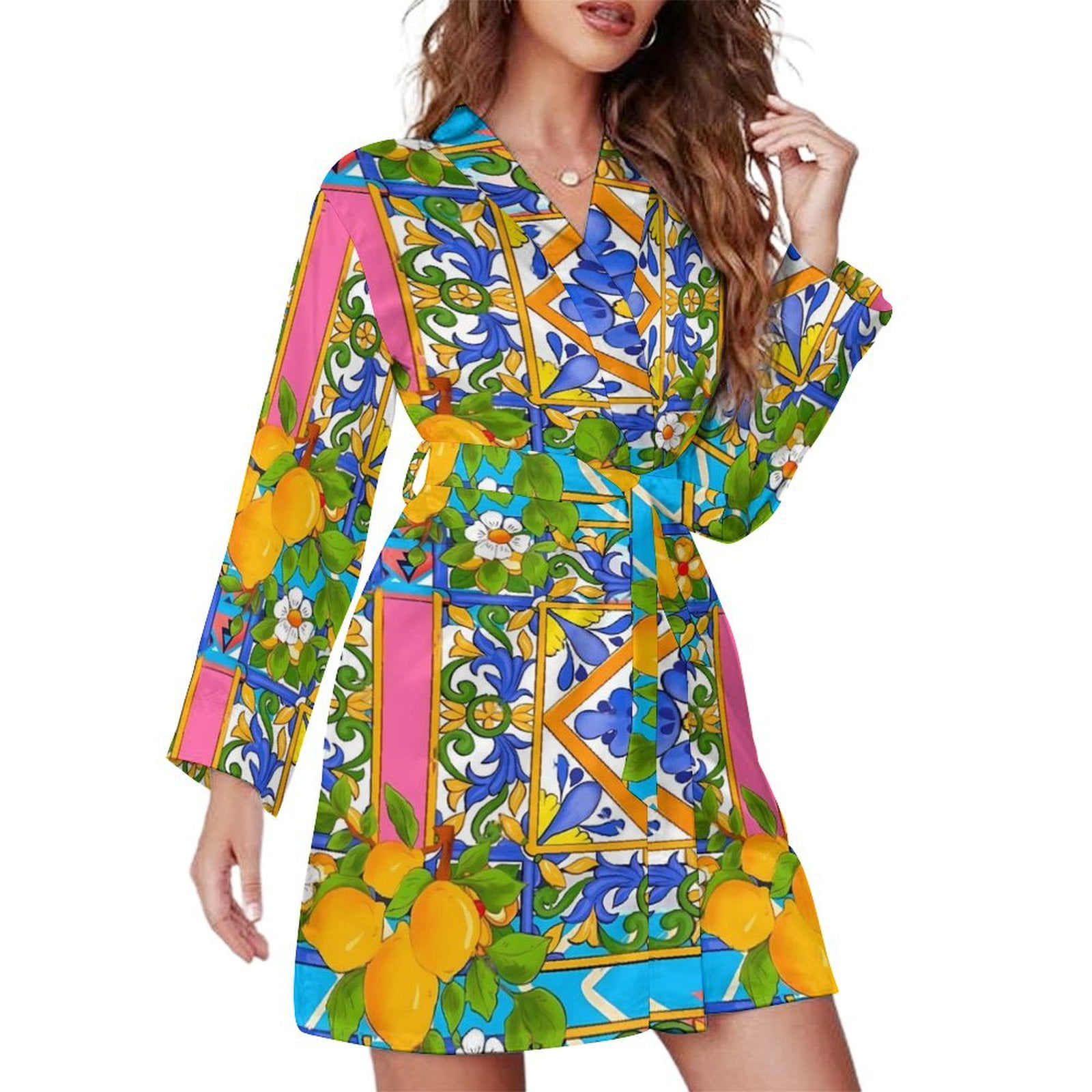 Lemons Fruit Print Pajama Robe Woman Blue Leaves Leisure Sleepwear Long ...