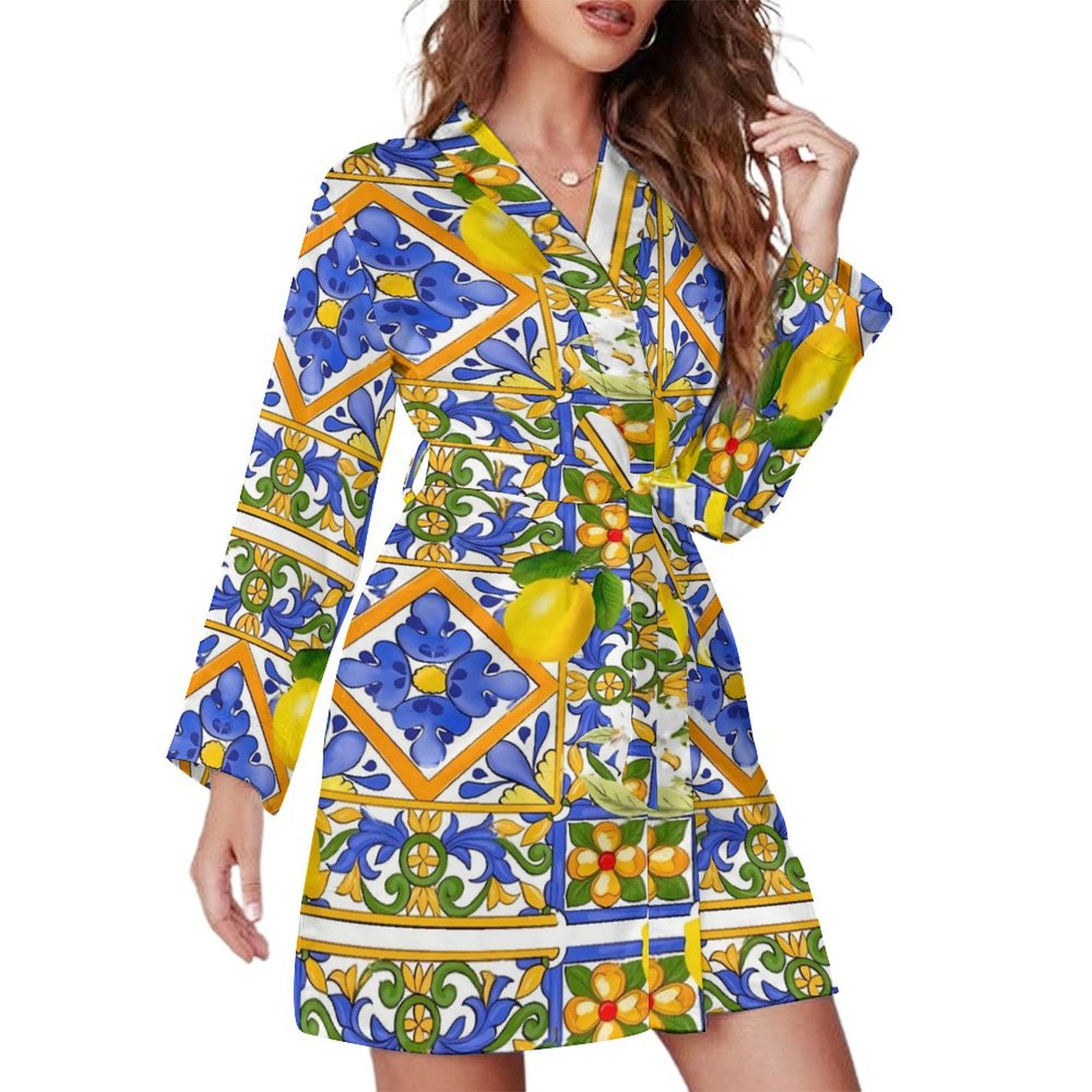 Lemons Fruit Print Pajama Robe Woman Blue Leaves Leisure Sleepwear Long ...