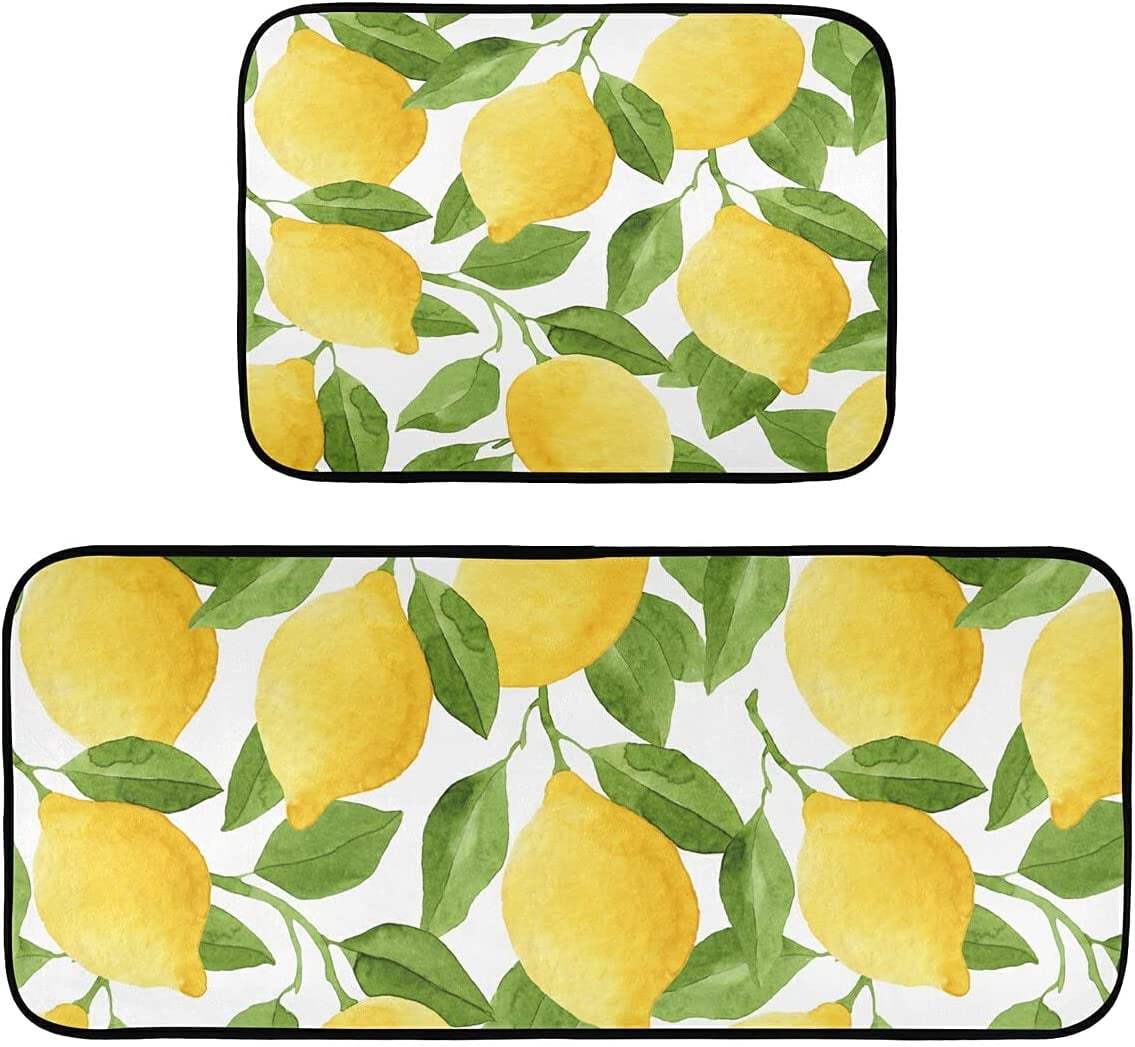 Lemons Green Leaves Kitchen Rugs and Mats Set 2 Piece Non Slip Washable ...