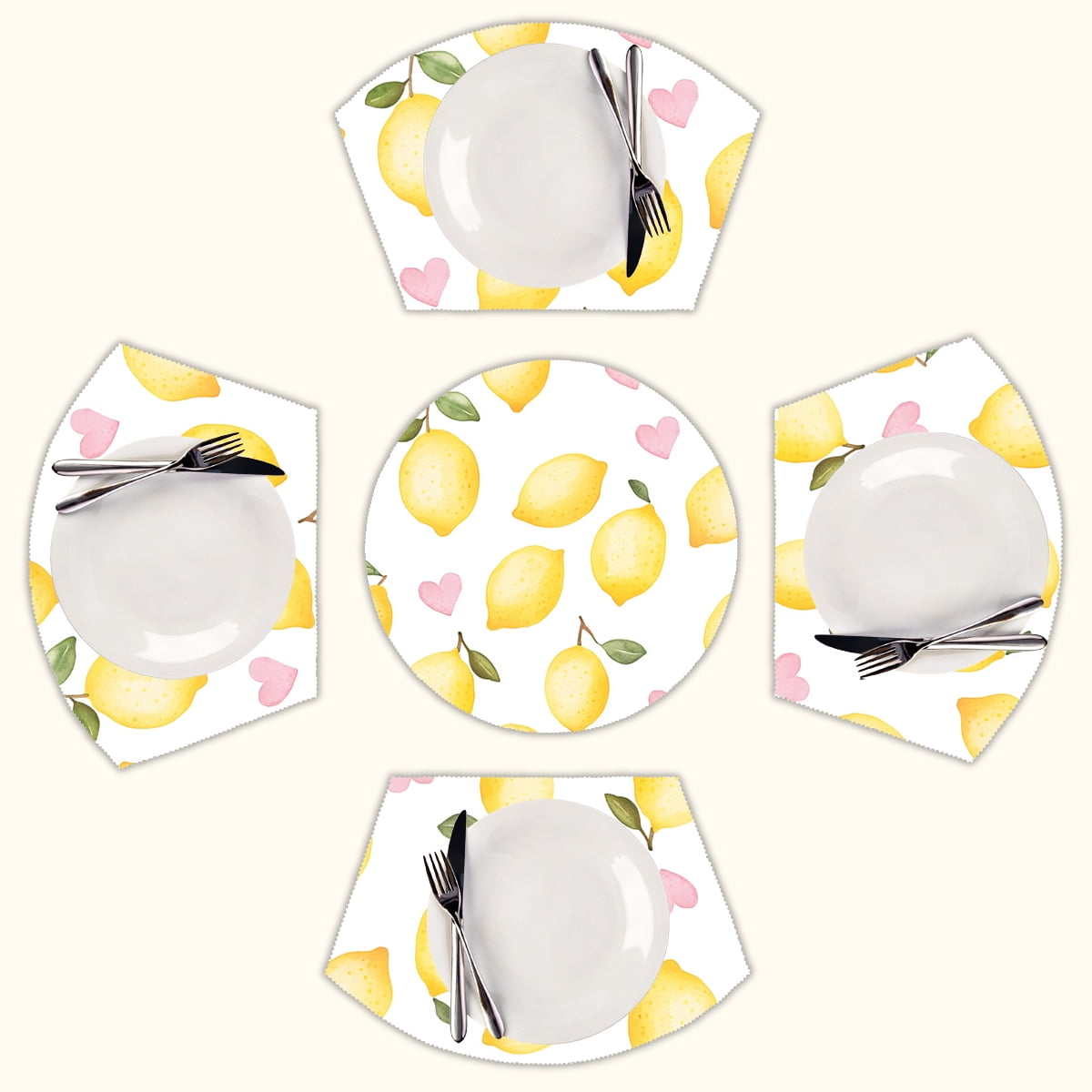 Lemons and Hearts Pattern Round Table Placemats Set Of 5 Wedge Table ...